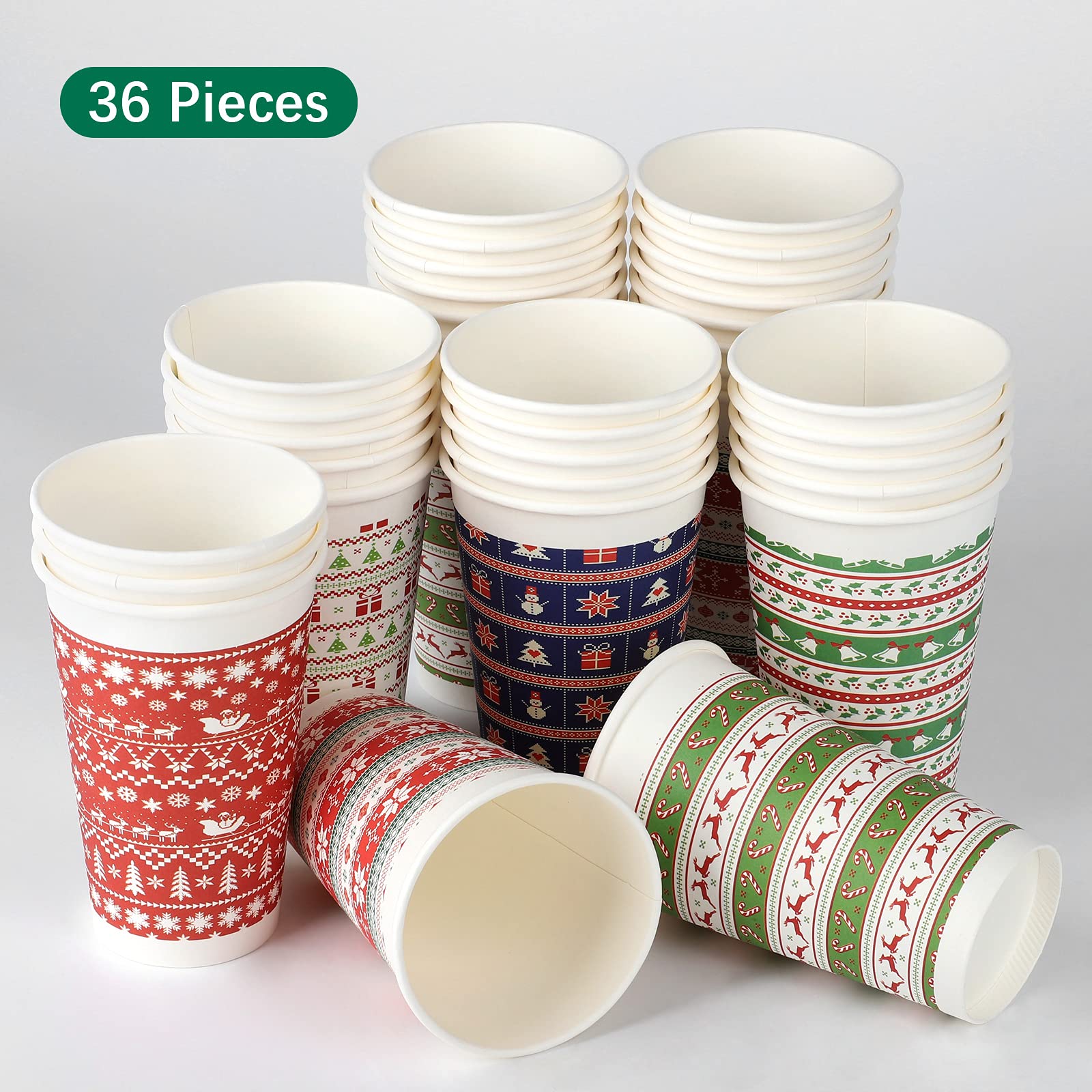 Aneco 36 Pieces Christmas Cups 16 Ounce Drinking Tea Paper Cups for Both Hot and Cold Beverages, Christmas Party Supplies, Assorted Styles