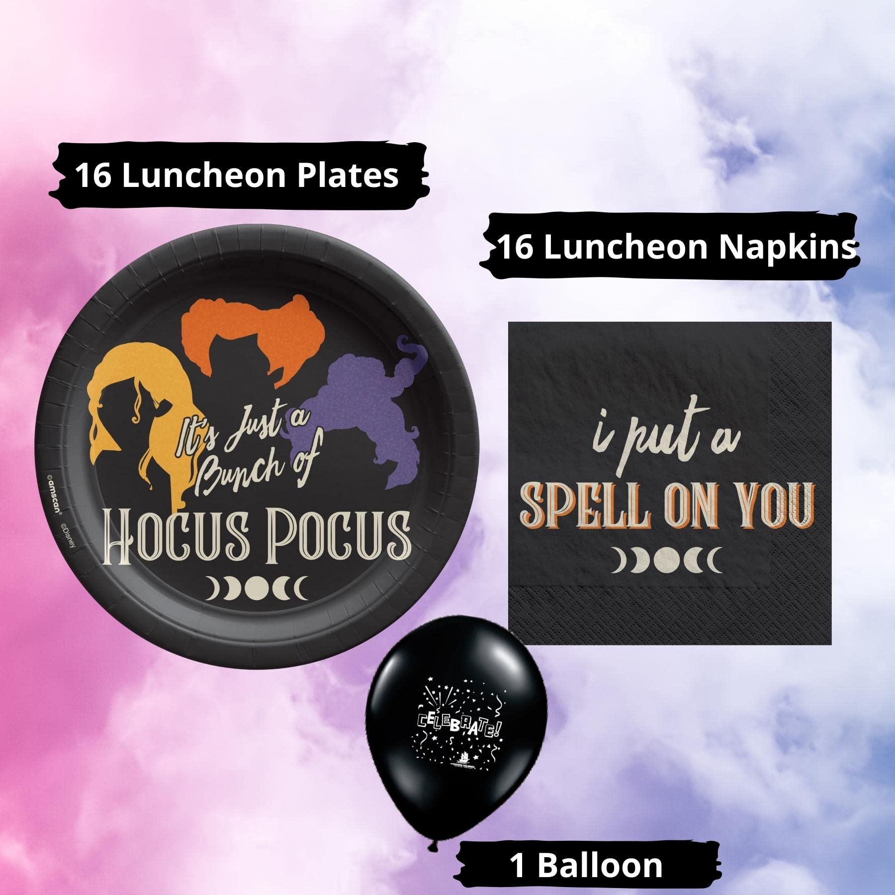 Amscan Hocus Pocus Party Supplies Bundle with 16 Plates and Napkins and Balloon