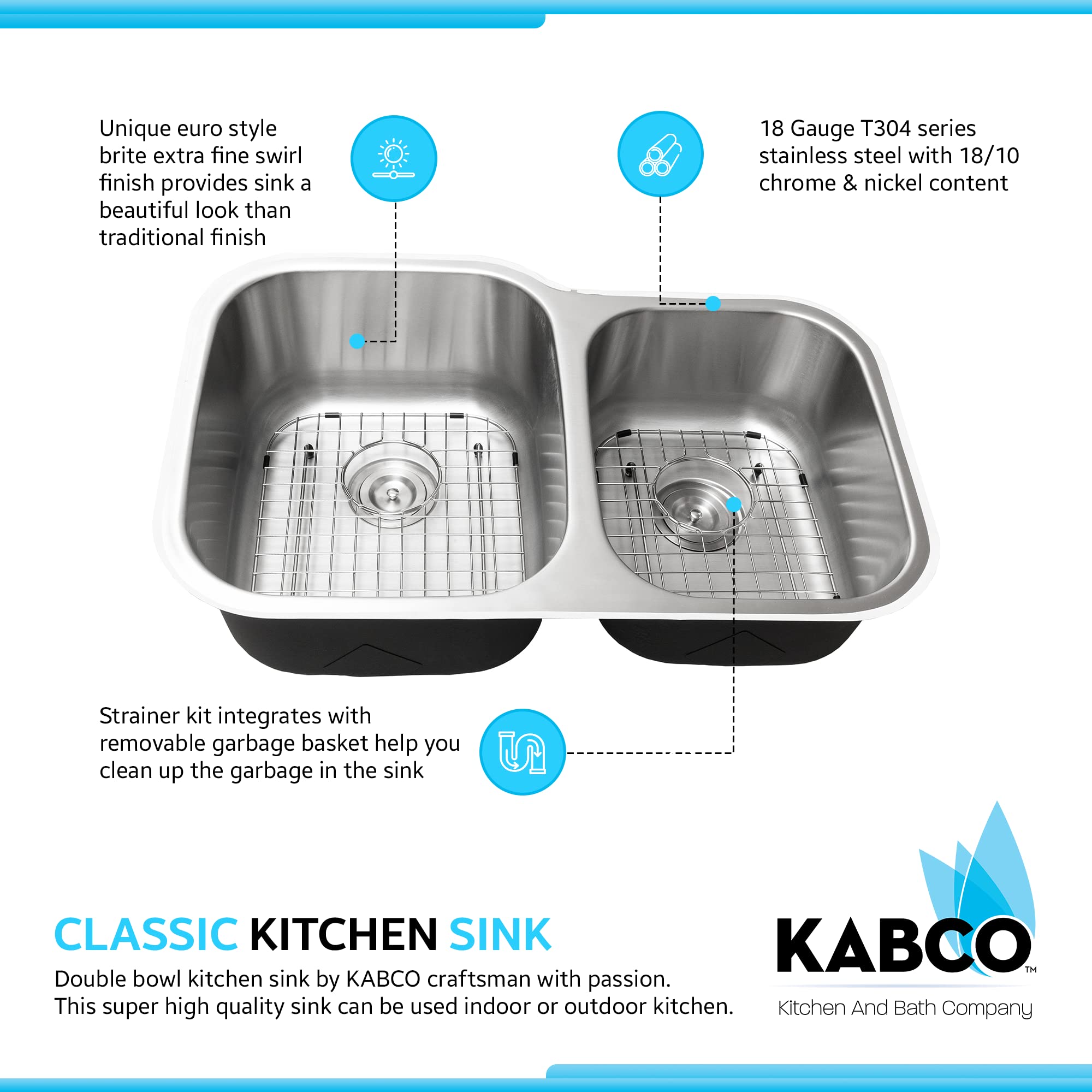 KABCO 32 Inch 18 Gauge Undermount Stainless Steel Classic Kitchen Sink, Rust Resistant, Sound and Heatproof, Double Unequal Bowl Swirl Finish Sink with Sink Strainers, Garbage Baskets and Sink Grids