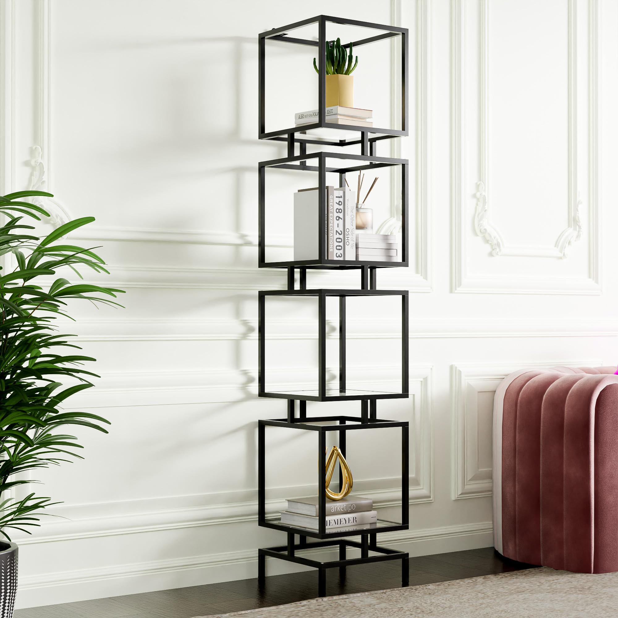 Cozy Castle Etagere Bookcase, 4-Tier Tall Bookshelf, 70.5" Slim Shelving Unit for Living Room, Home Office, Bathroom, Tempered Glass Display Cabinet, Black Metal Frame