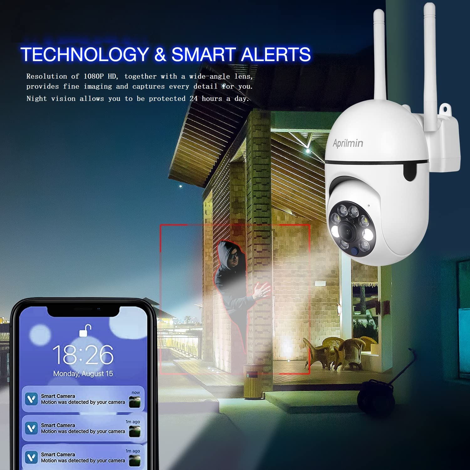 Aprilmin Security Camera Indoor with Spotlight and Siren, 2.4g 5G WiFi PTZ Wired HD Camera Indoor with 360° View, Color Night Vision, Two-Way Talk