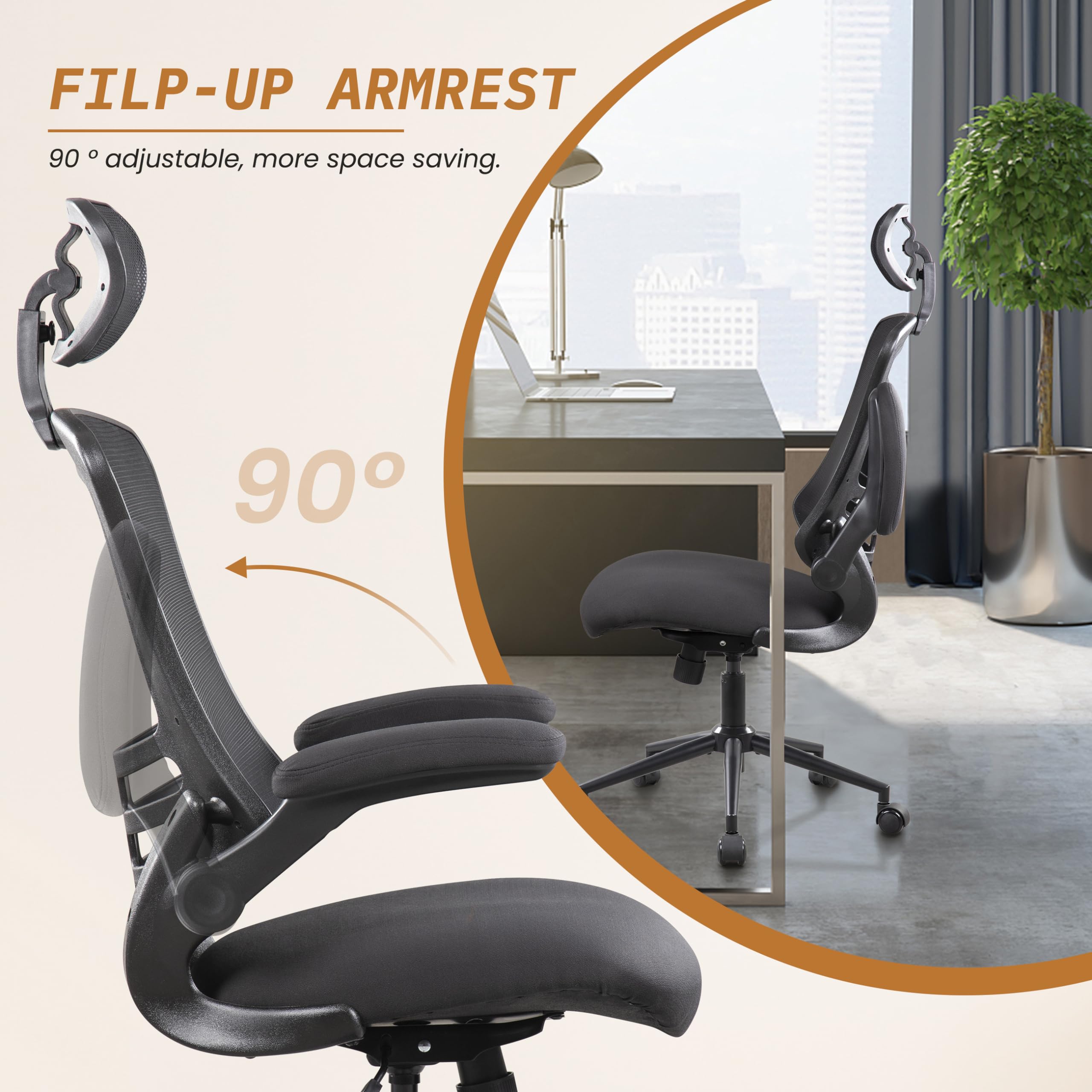 BOJUZIJA Ergonomic Office Computer Desk Chair,Adjustable Headrest,Flipped Arms,Lumbar Support 360°Swivel Task Chair -Black