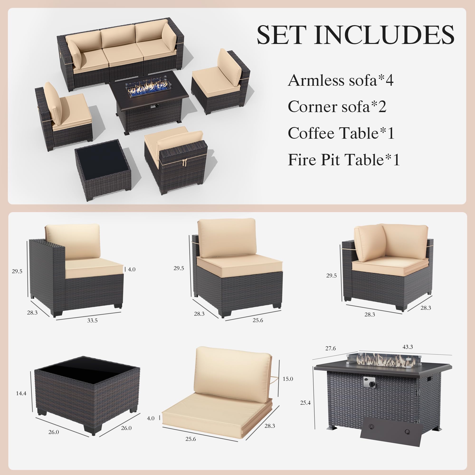 Gotland 8 Piece Outdoor Patio Furniture Set with Gas Fire Pit Table, Sectional Sofa w/43in Propane Fire Pit, 55,000 BTU Auto-Ignition Firepit w/Glass Wind Guard