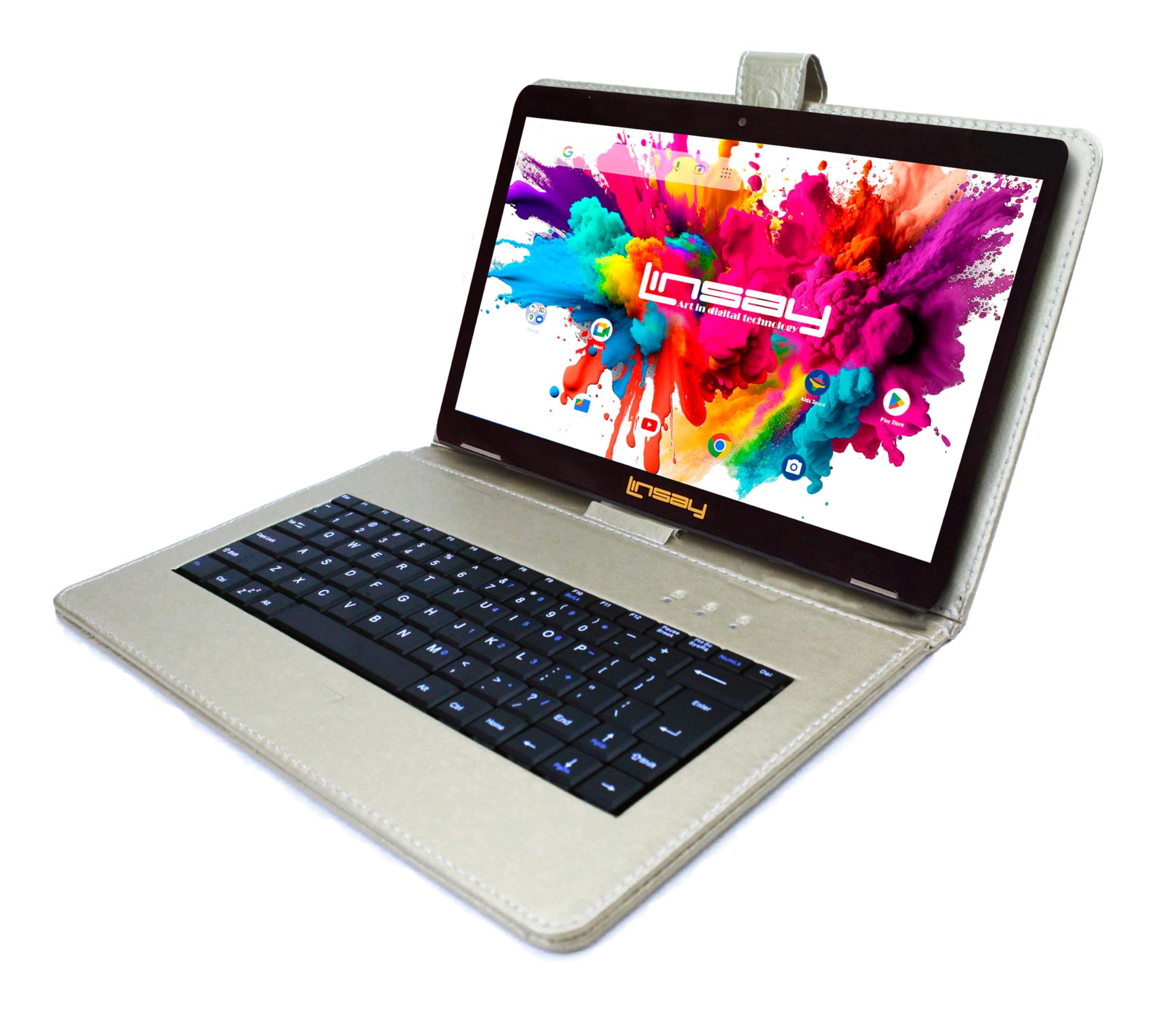 LINSAY 10.1" High End Octa Core 4GB RAM 128GB Storage Android 13 Google Certified Tablet with Silver Keyboard
