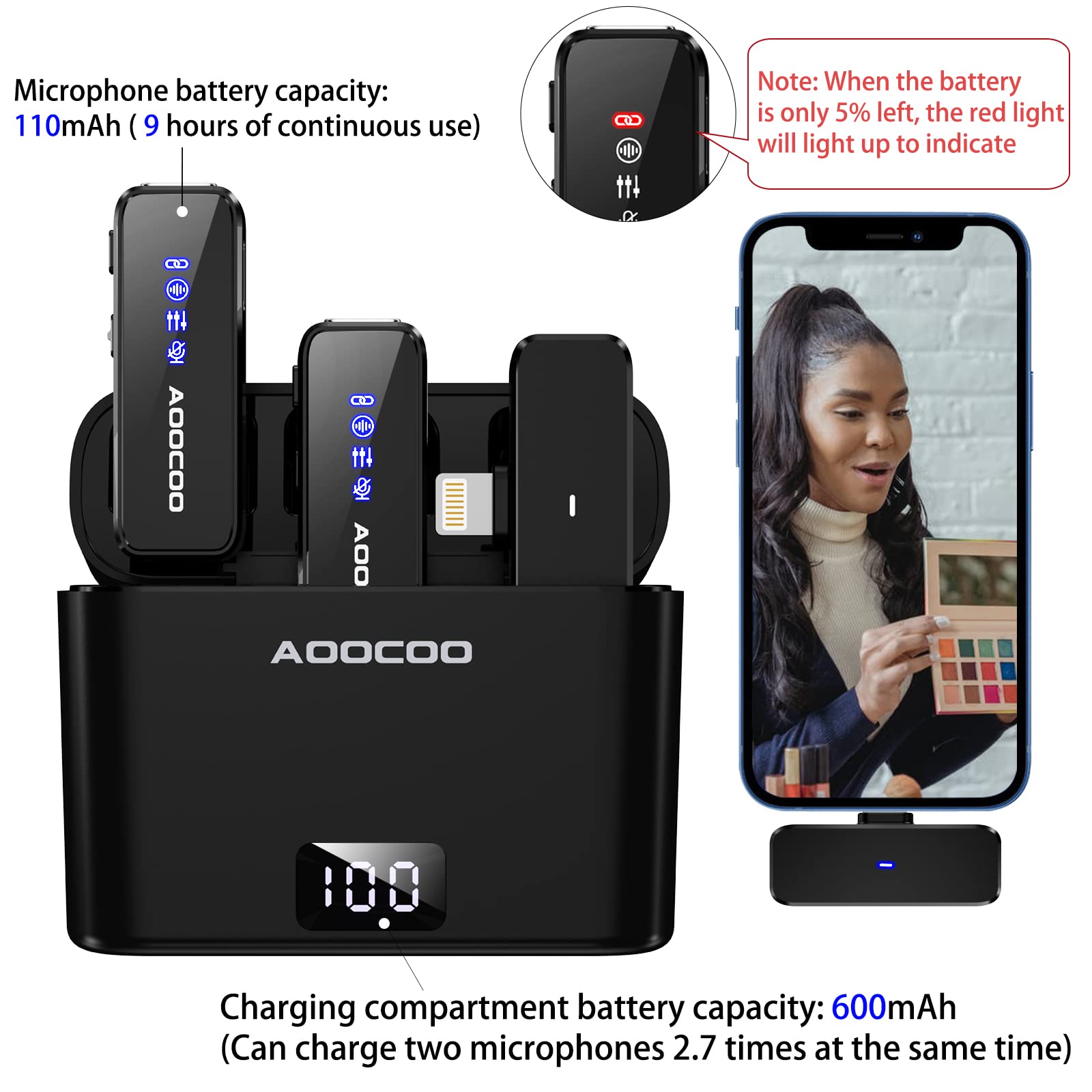 AOOCOO 2 Pack Wireless Lavalier Microphone for iPhone, Noise Reduction Plug & Play 2.4GHz Lapel Mic with Charging Case for Recording, YouTube, TikTok, Facebook Live Stream, Vlogging