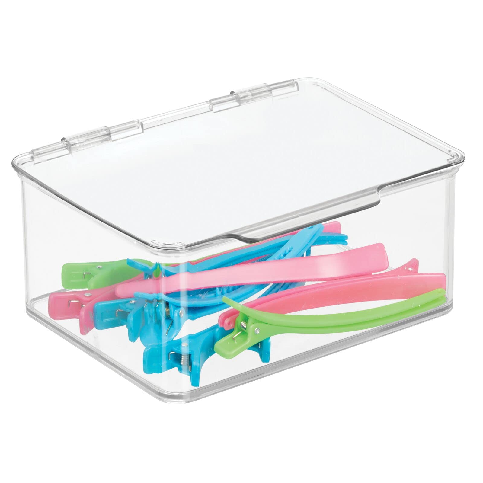 mDesign Plastic Cosmetic Storage Organizer Box Containers with Hinged Lid for Bedroom, Bathroom Vanity Shelf or Cabinet, Holds Masks, Palettes, Lotion, or Nail Polish, Lumiere Collection, Clear