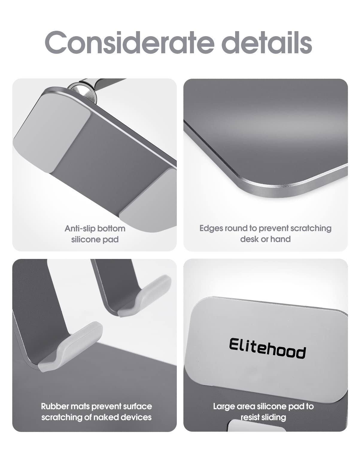 elitehood Aluminum iPad Stand, Adjustable iPad Stand Holder for Desk, Desktop Tablet Stand Dock for iPad Pro 12.9 11, iPad Air Mini 4 5 and More 4-13 inches Tablets, Gray
