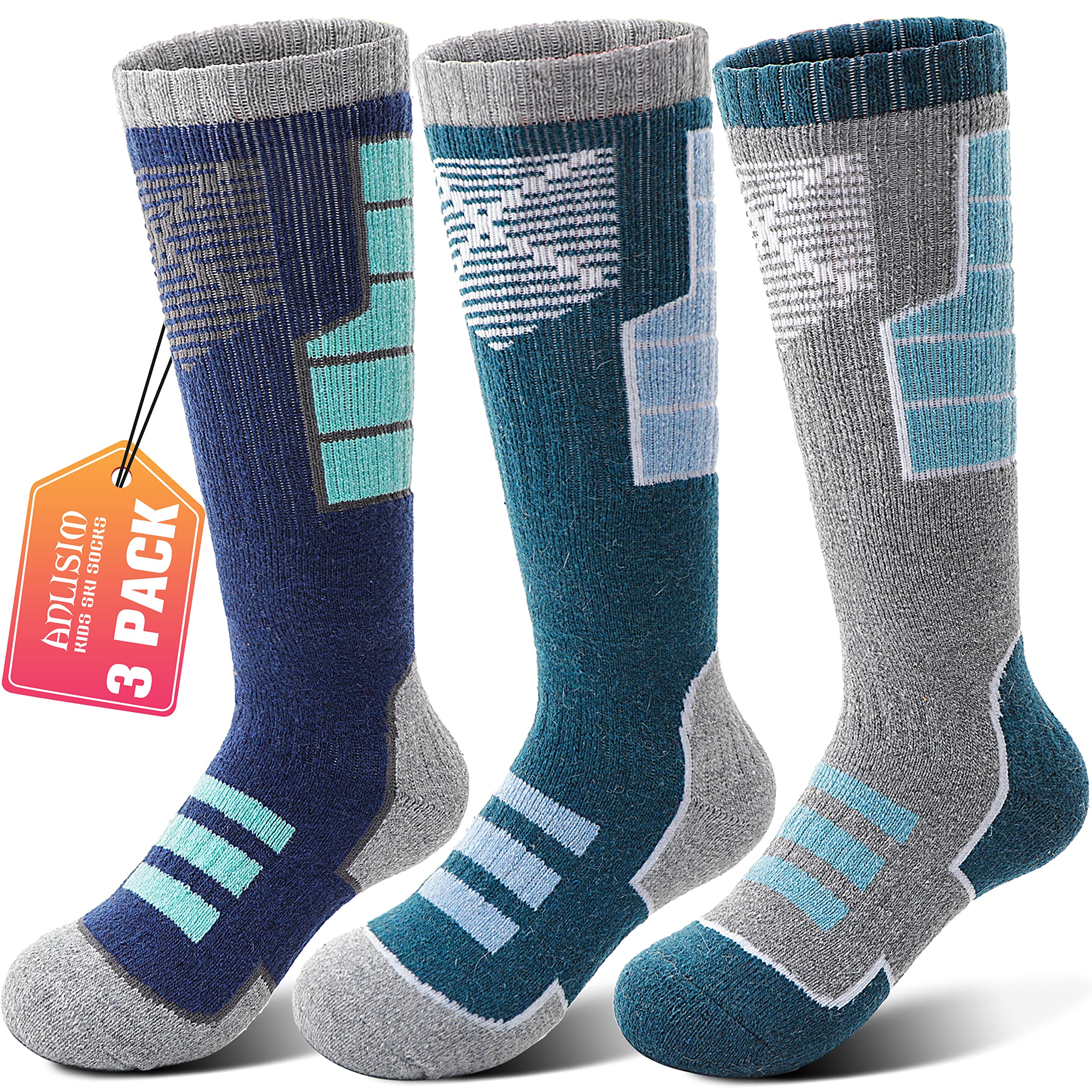 Anlisim Kids Merino Wool Ski Socks for Girls Boys Teen Thermal Winter Warm Thick Hiking Knee High Socks Stocking Stuffers for Skiing Snowboarding (Grey/Dark Blue/Green C, 8-12 Y)