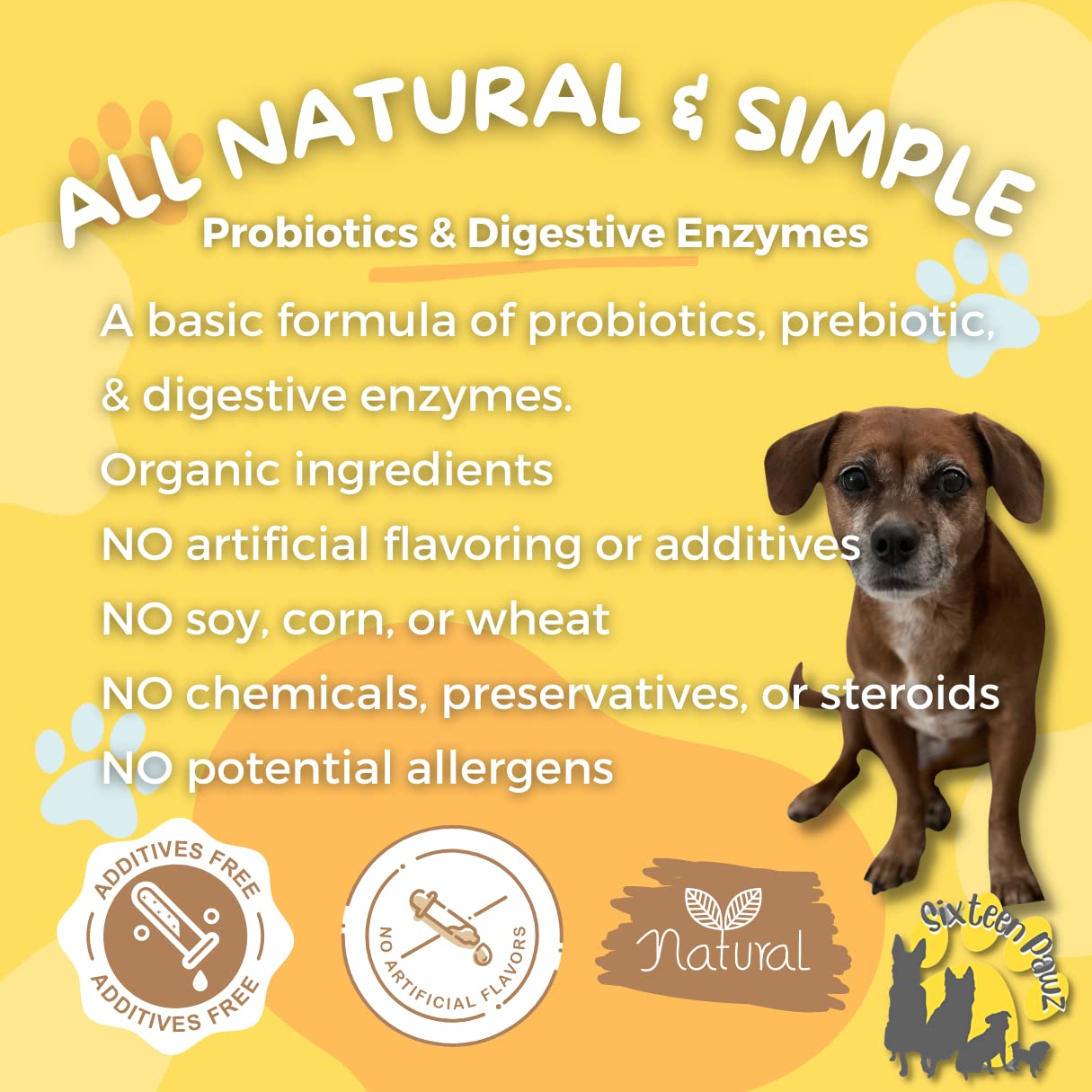 Sixteen Pawz Probiotics, Prebiotics, & Digestive Enzymes for Dogs| Limited Ingredients| Organic |Digestive Support |Allergy Relief |Immune Support| Reduces Inflammation| Diarrhea & Gas Relief