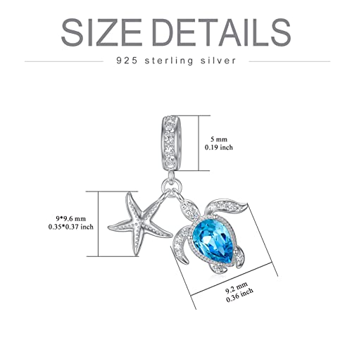 AOBOCO Sea Turtle Charm for Bracelet Sterling Silver Ocean Turtle and Starfish Dangle Charm Bead with Aquamarine Blue Crystal