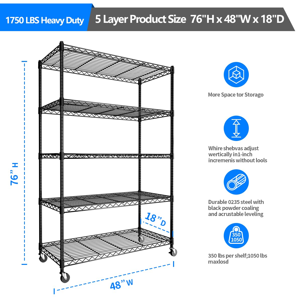LaCyan 5-Tier 76" H Adjustable Storage Shelving Unit, Heavy Duty Steel Wire Rack with Wheels and Adjustable Feet for Pantry, Garage, Bakers Rack Kitchen Shelving (350 lbs/Shelf), Black