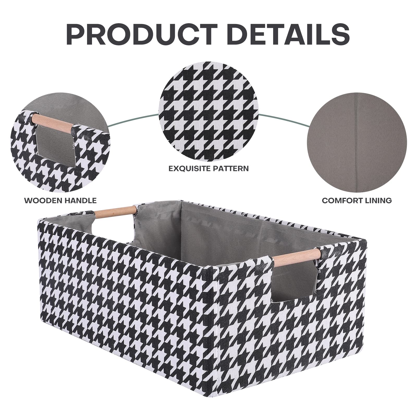ANMINY 2PCS Storage Bins Set Foldable Cotton Linen Fabric Open Storage Baskets Box with Wood Handles Houndstooth Plaid Decorative Closet Shelf Clothes Towel Laundry Container - Black, Small