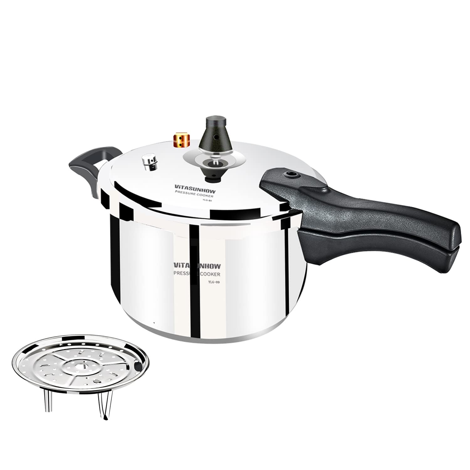 VITASUNHOW Stainless Steel Pressure Cooker with Steamer Basket, Faster Cooking and Safety Pressure Release (9-Liter)