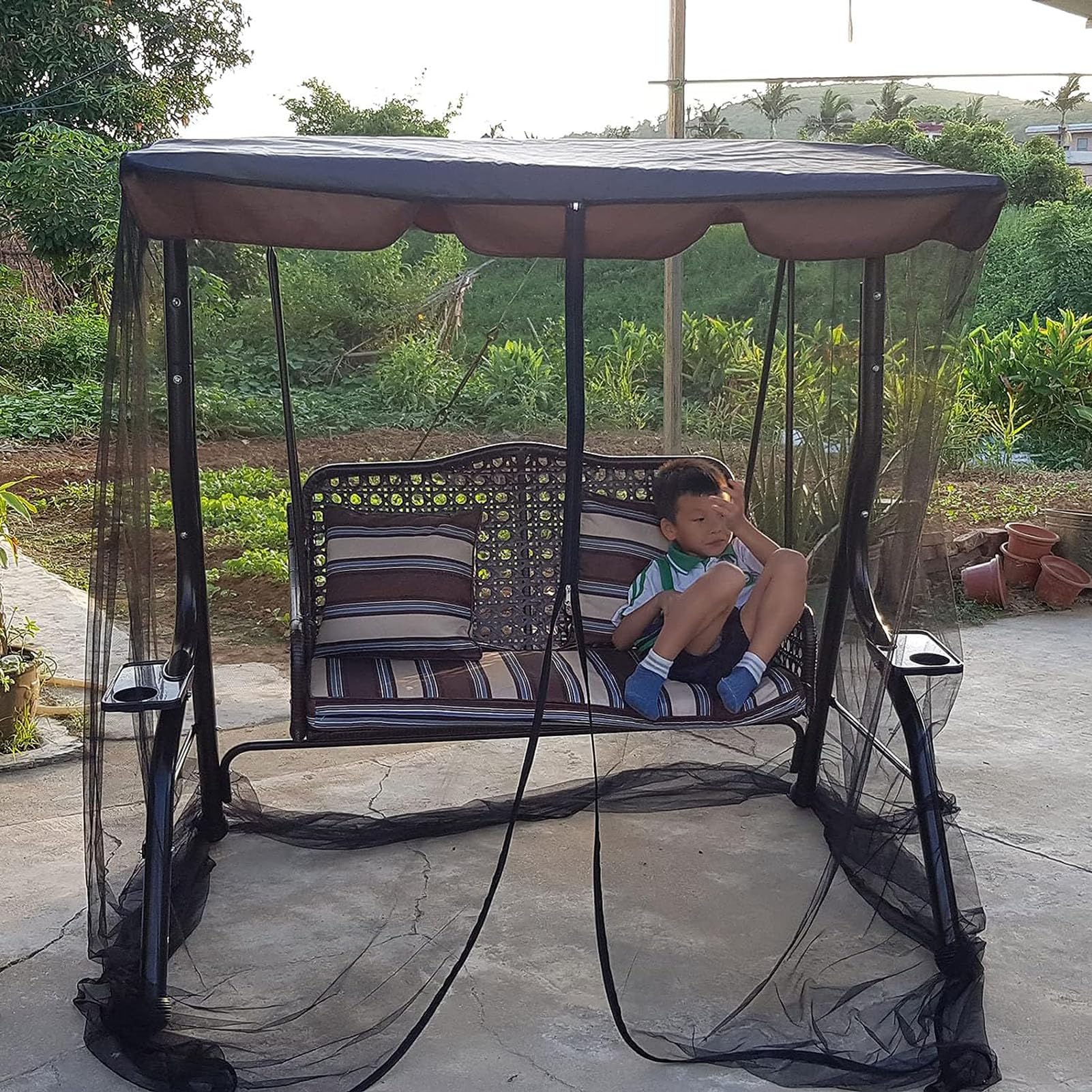 Patio Swing Mosquito Netting, Mosquito Mesh Screen, Outdoor Rectangle with Zipper Opening and roof Waterproof Tent(3 Seater 125x185x205cm)