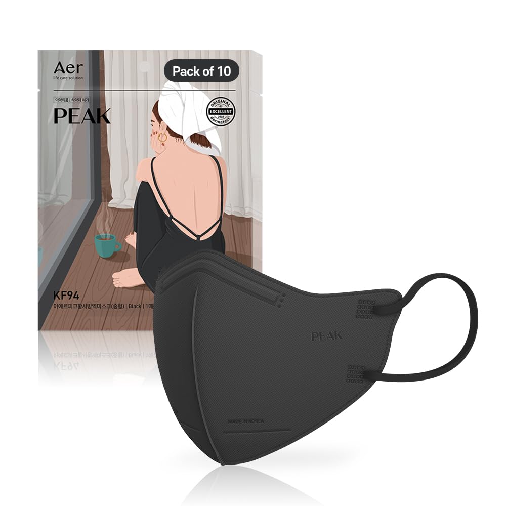 AER KF94 Mask Disposable Face Masks Individually Wrapped | Peak KF-94 Micro Dust Protection Mask Made in Korea (Medium, Black)