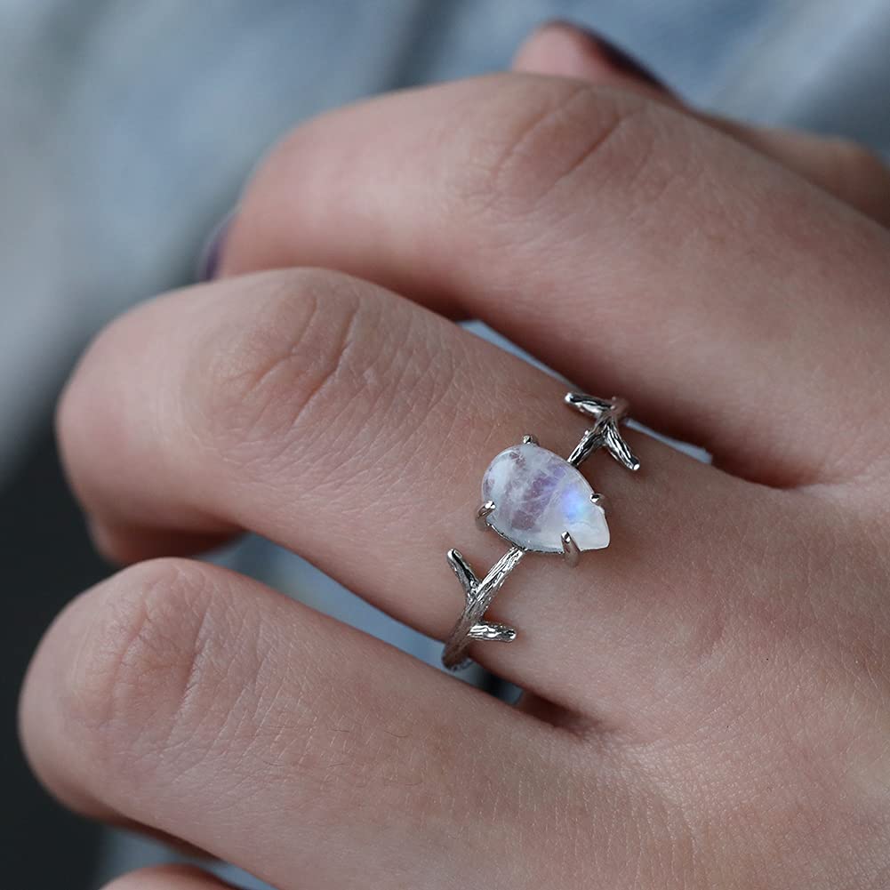 Angol Genuine Moonstone Ring Sterling Silver Thick Irregular Branches Ring Hypoallergenic Moonstone Jewelry for Women