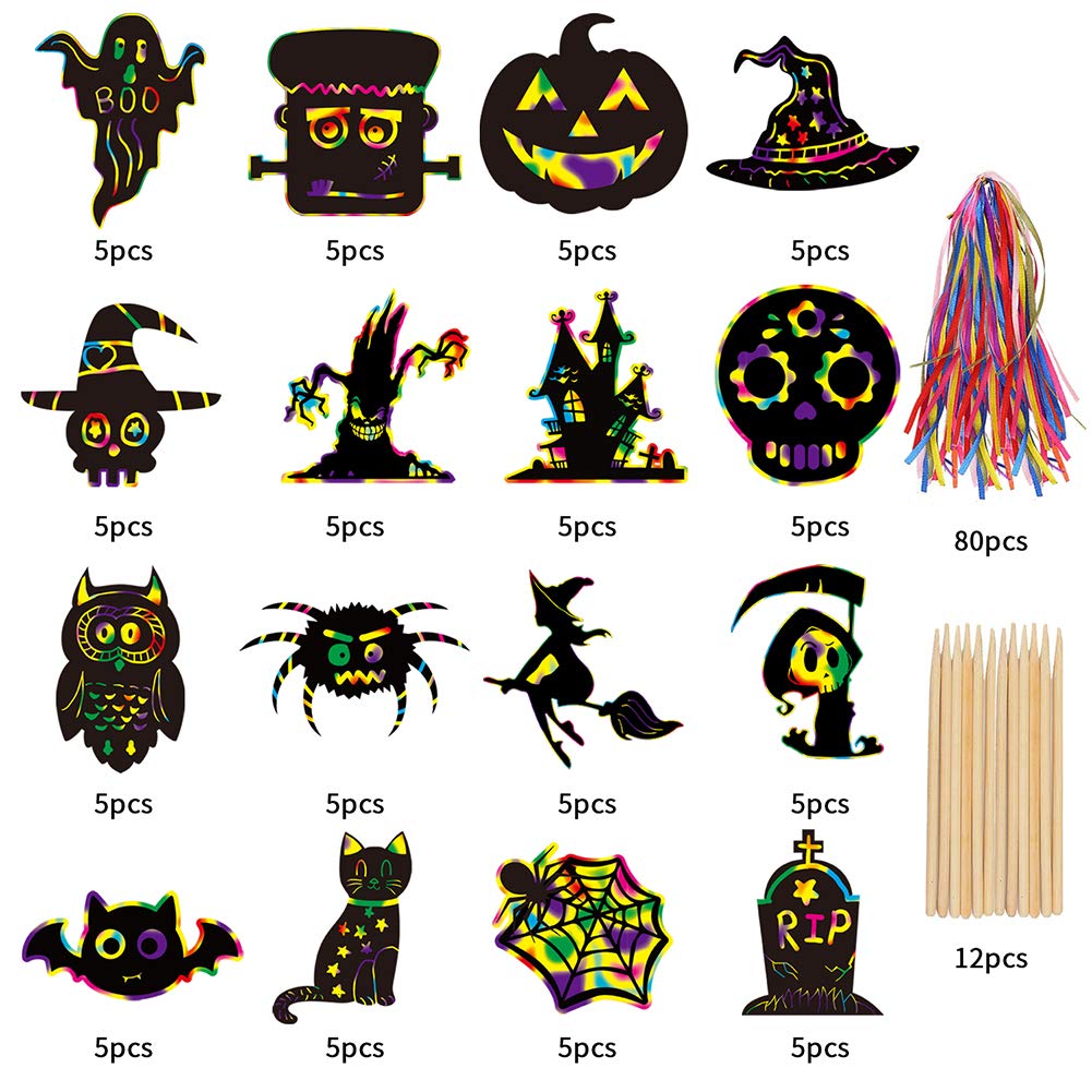 CCINEE 80pcs Halloween Theme Scratch Paper Rainbow Scratch Art Paper Craft Kit with 12pcs Wooden Styluses and 80pcs Ribbons for Halloween Party Supplies