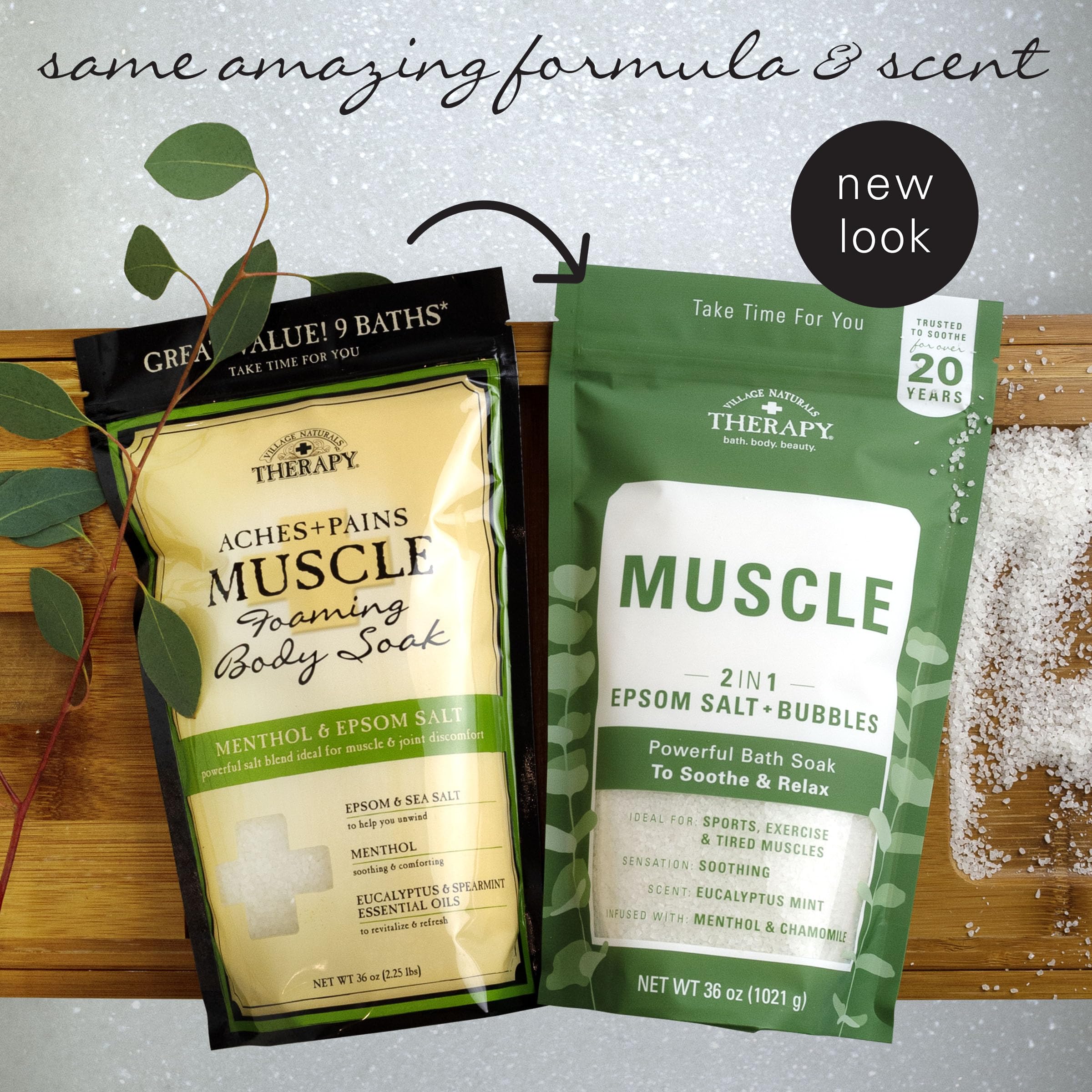 Village Naturals Therapy Muscle Foaming Epsom Soak, Eucalyptus Mint Scent, 36 oz, Pack of 2