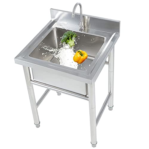ALEEJA Commercial Kitchen Sink Free Standing Single Bowl Sink, 50/60cm Stainless Steel Single Bowl Square Drop in Basin Sink with Faucet for Bathroom Restaurant
