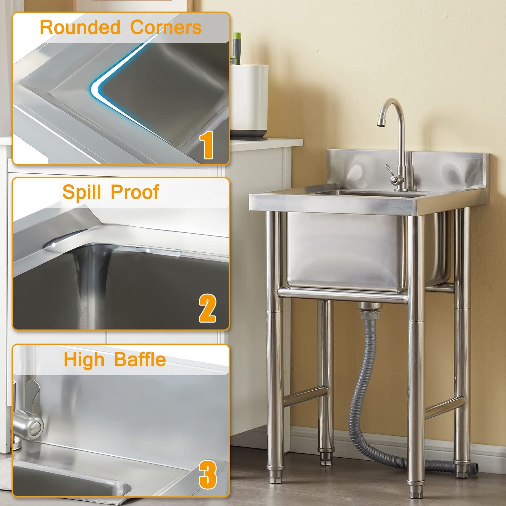 ALEEJA Home Simple Laundry Stainless Steel Sink with Faucet, Industrial Garage Sink Commercial Sink for Restaurant, Workshop