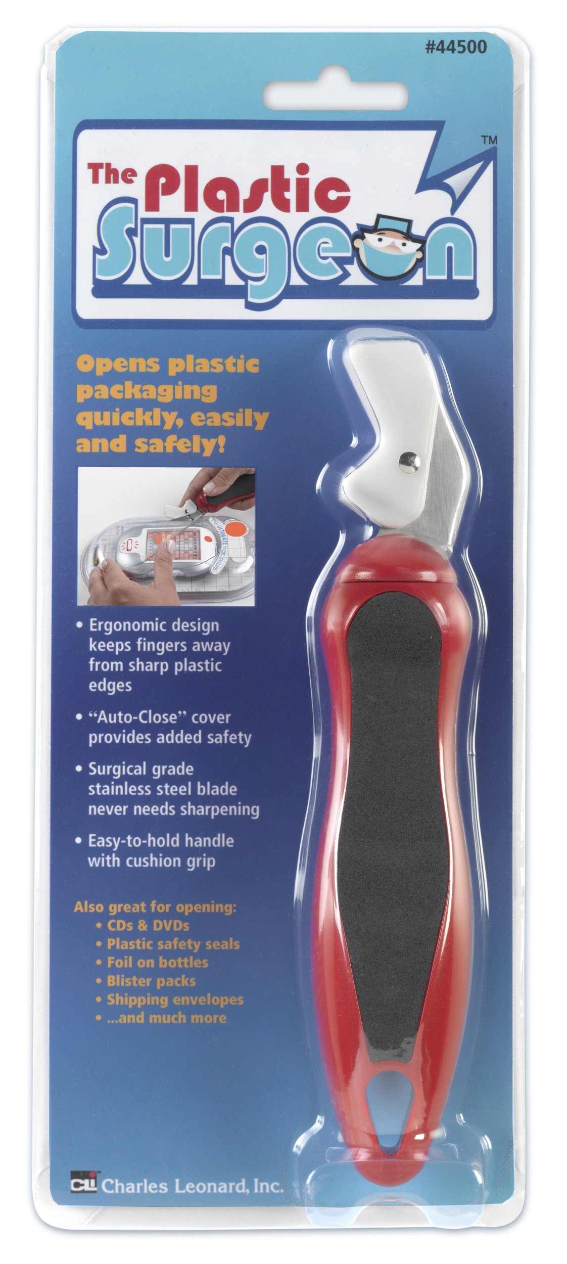 Charles Leonard Plastic Surgeon, Hard Plastic Package Opener with Surgical Steel Blades, Red and Black (44500)
