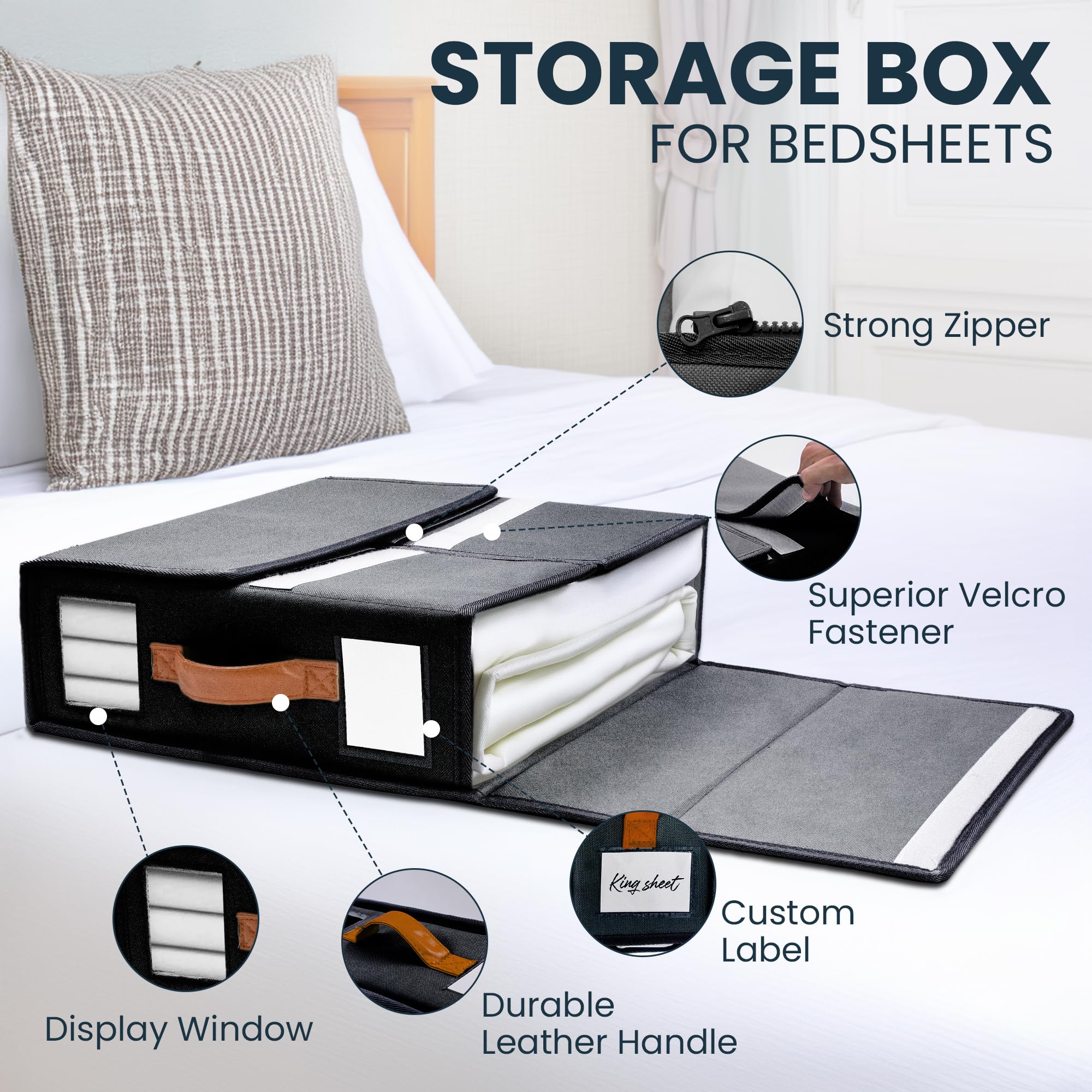 Bed Sheet Organizer pack of 4 – Beige Bed Sheet Organizers and Storage with Leather Handles – King & Queen Size Foldable Bed Sheet Storage Box with Label Cards & Windows for Visibility