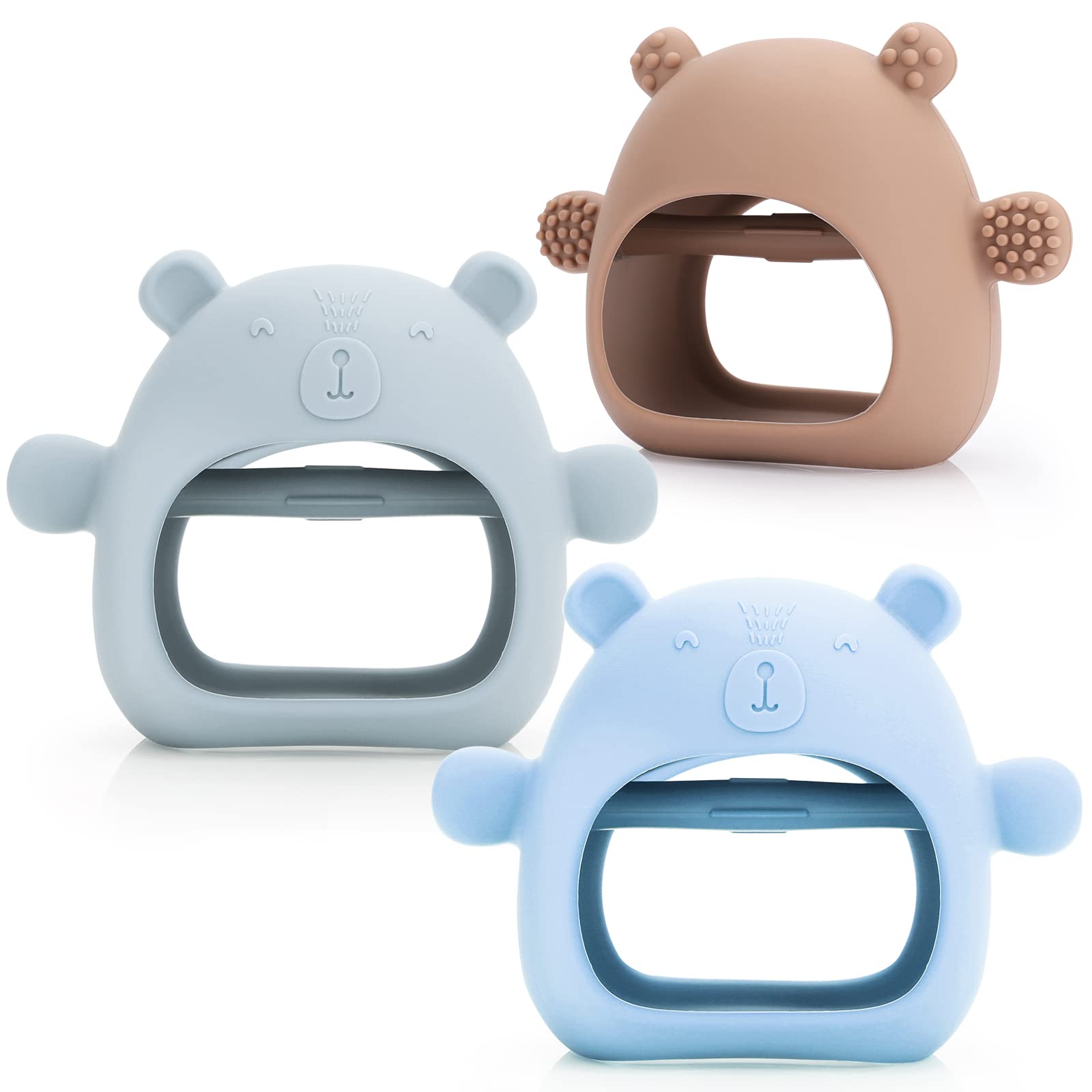 Baby Teether Toy for Infants 3+ Months, Bear BPA Free Anti-Drop Silicone Mitten Teething Toy for Soothing Pain Relief, Silicone Mitten Teether for Sucking Needs (Blue,Brown,Green)