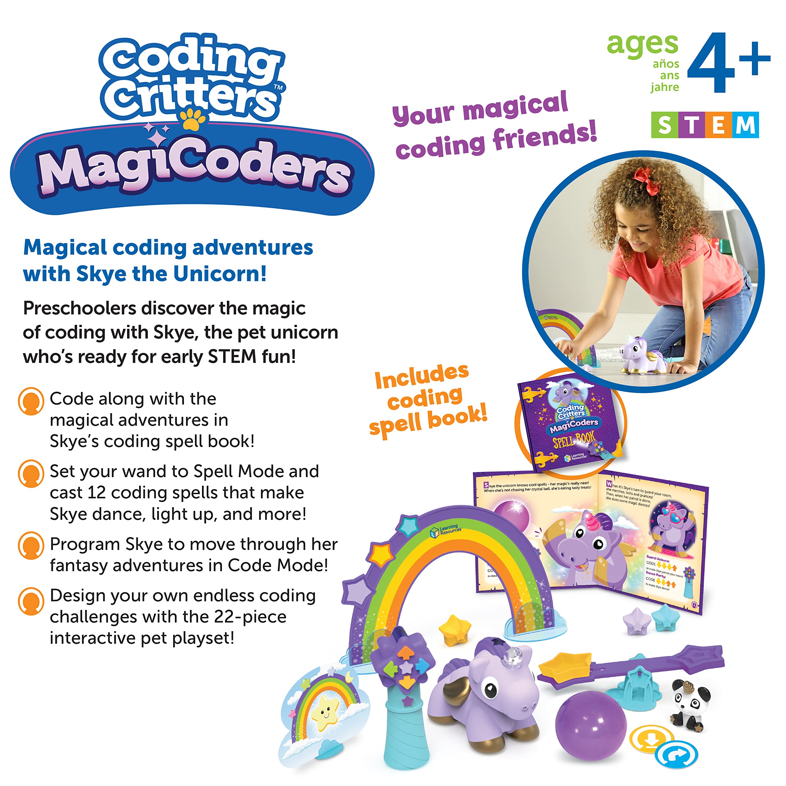 Learning Resources Coding Critters MagiCoders: Skye the Unicorn, Screen-Free Early Coding Toy For Kids, Interactive STEM Coding Pet, 22 Pieces, Ages 4+
