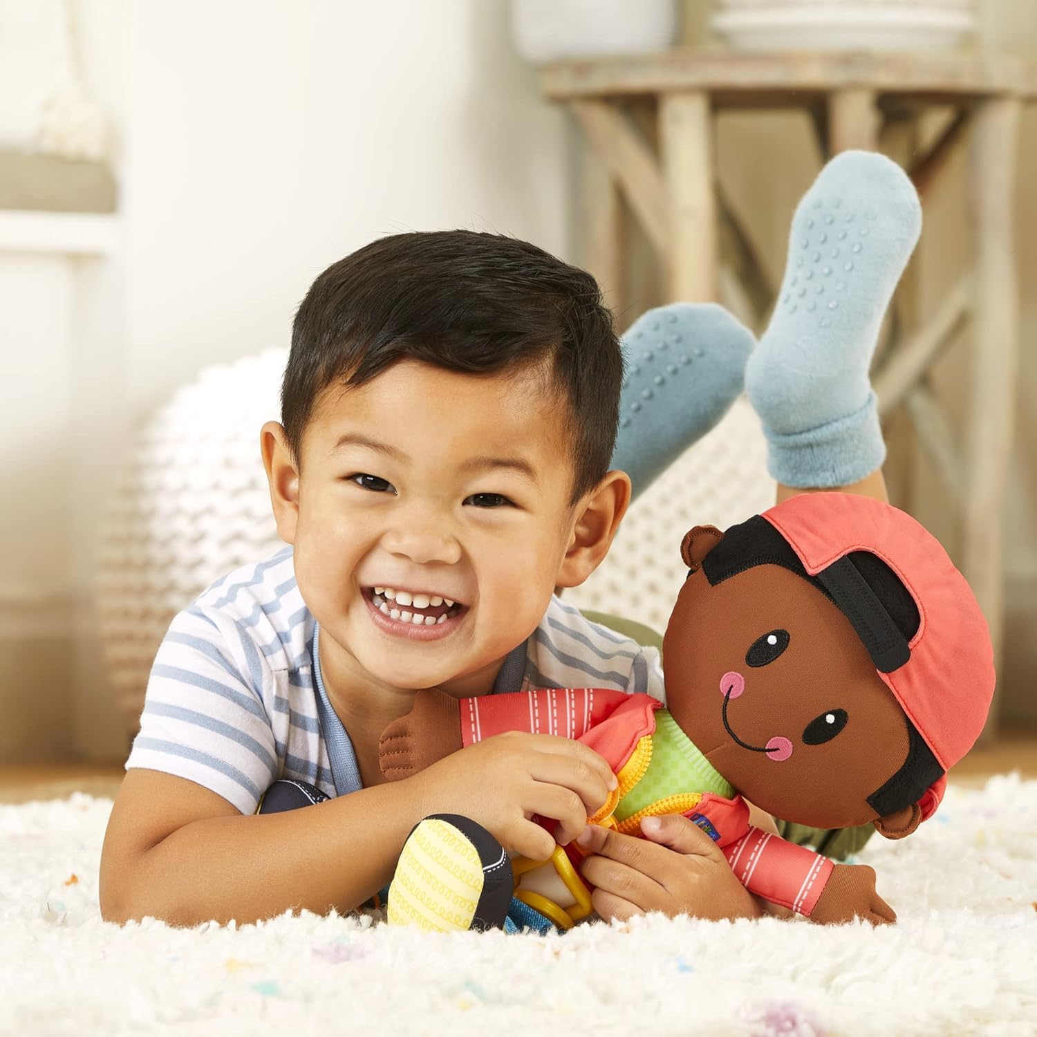 Playskool Dressy Kids Doll with Black Hair and Hat, Activity Plush Toy with Zipper, Shoelace, Button, for Kids Ages 2 and Up (Amazon Exclusive)
