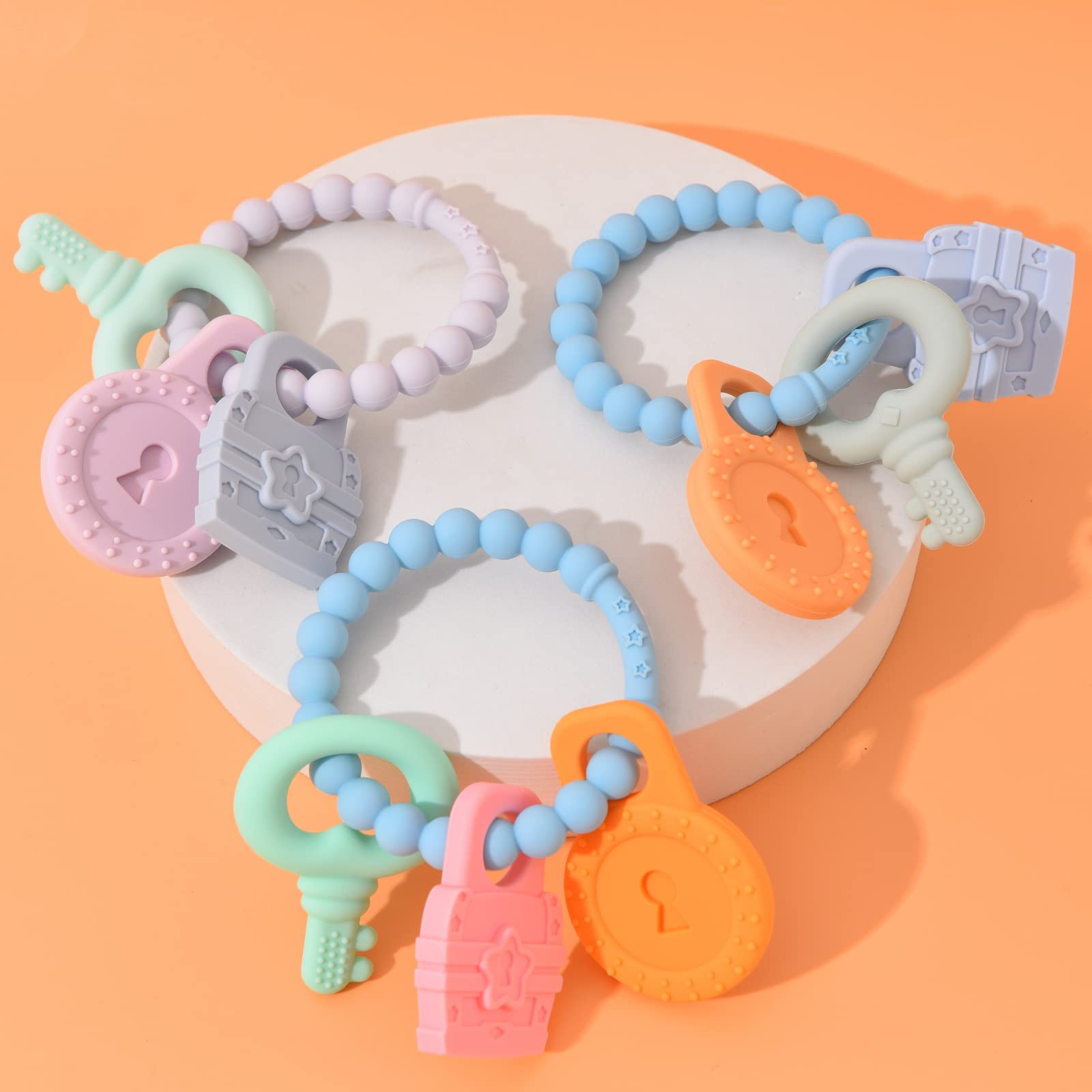 Baby Teething Toys, Silicone Chewable Teethers with Wooden Ring for Soothing Babies Gums, Shower Gift for lnfants & Toddlers, 3+ Months (Ring-Key 1)