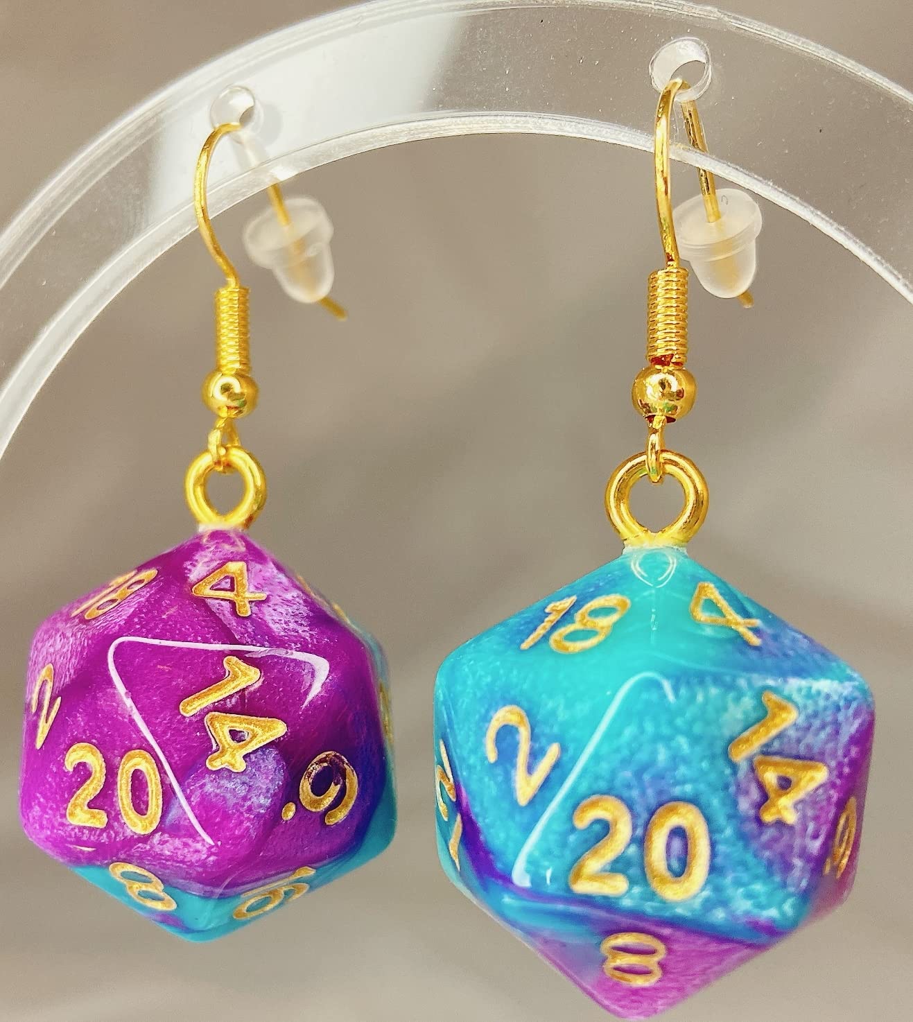 d20 20-Sided Polyhedral Dice Earrings - Hook with Earnuts (Light Blue-Purple Swirl)