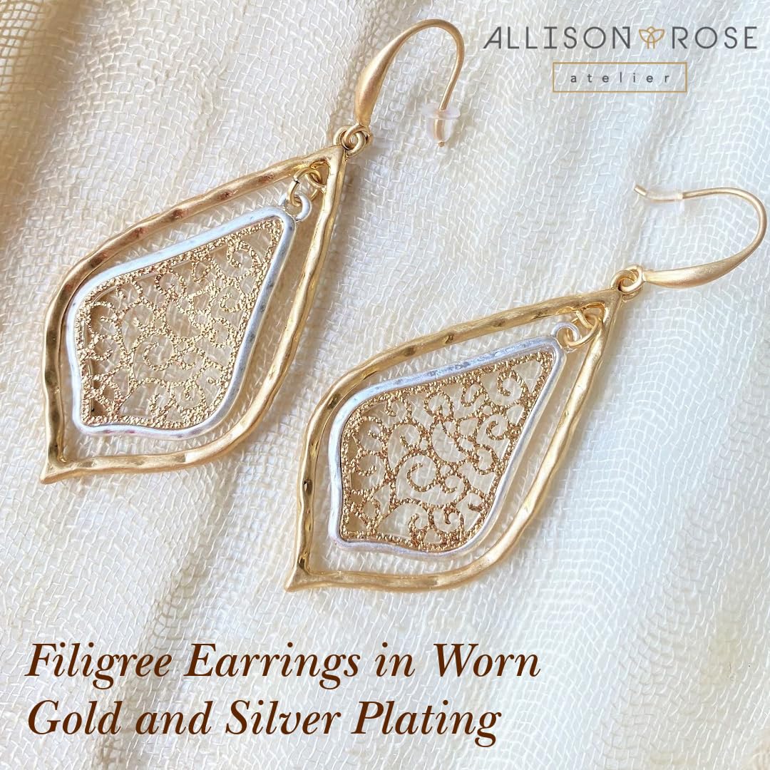 ALLISON ROSE ATELIER β Boho Filigree Two-Tone Dangle Earrings - Exquisite Handcrafted Jewelry for Boho Chic Style - Large Two Tone Worn Gold and Silver Plated Earring Set