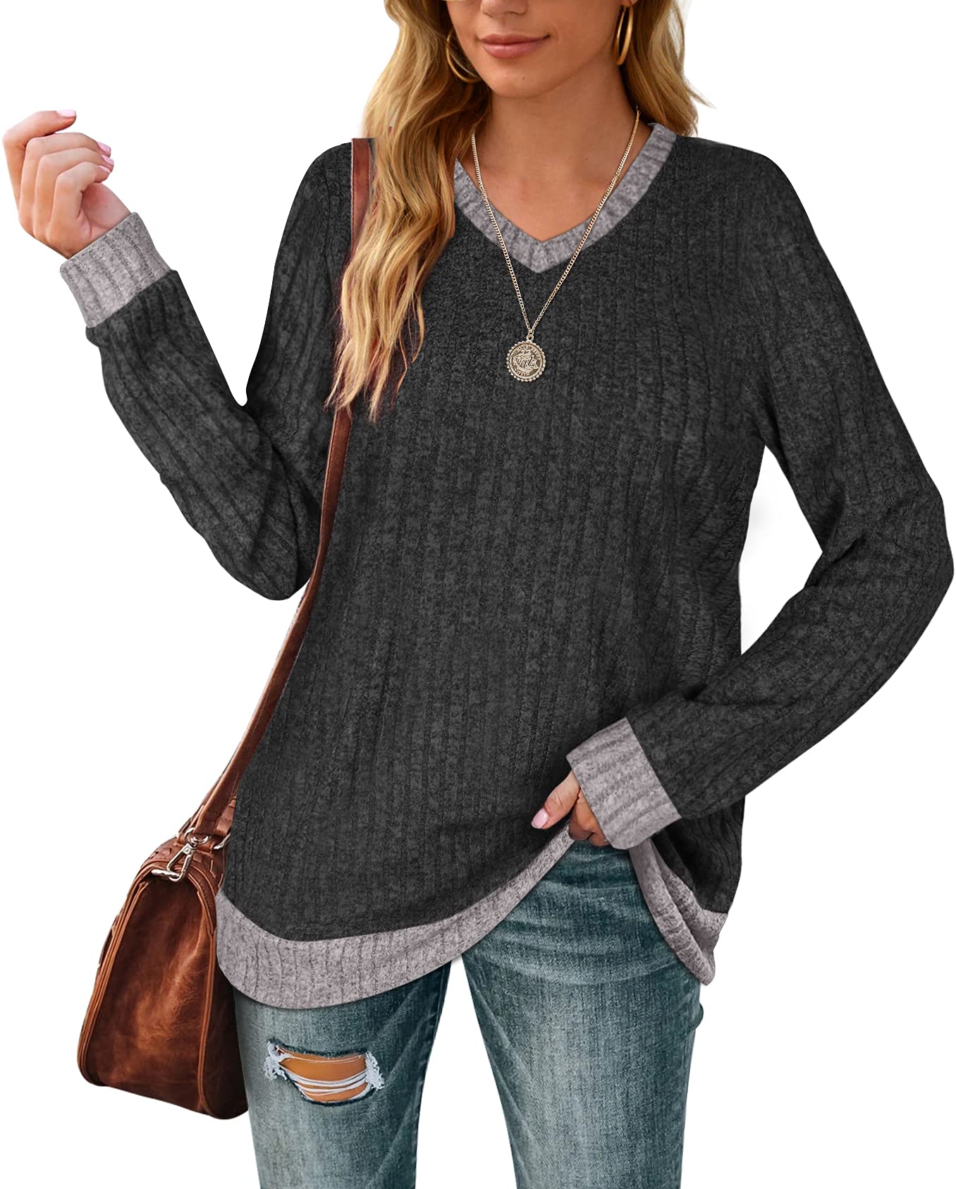 Aokosor Fall Sweaters for Women 2023 Grey V Neck Tunic Tops with Leggings Long Sleeve Shirts XL
