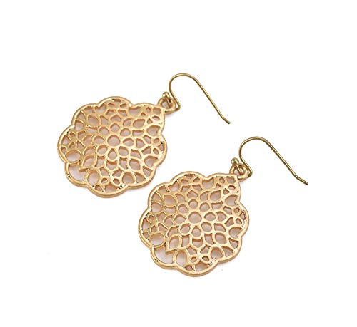 ALLISON ROSE ATELIER – Boho Dangle Earrings – Worn Gold Plating with Medallion Filigree Design. Lightweight Bohemian Drop Earrings for Women.