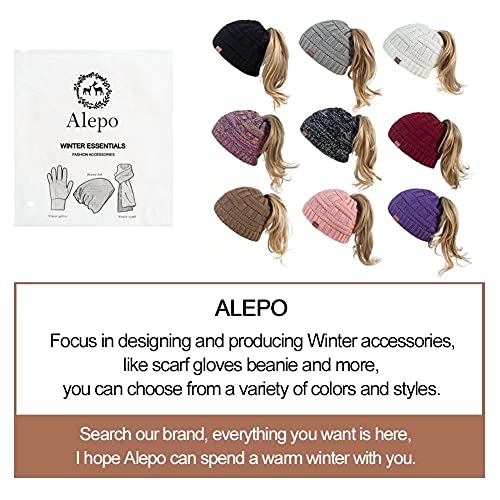 Alepo Womens High Messy Bun Beanie Hat with Ponytail Hole, Winter Warm Trendy Knit Ski Skull Cap (Black)