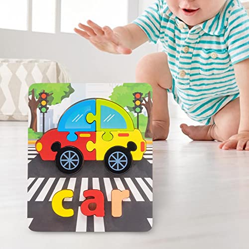 Almencla Children 3D Shapes Letter Wood Jigsaw Puzzle Montessori Toy Birthday Gift Vibrant Colors Early Learning Tool Accessories Rounded Edges, Automobile