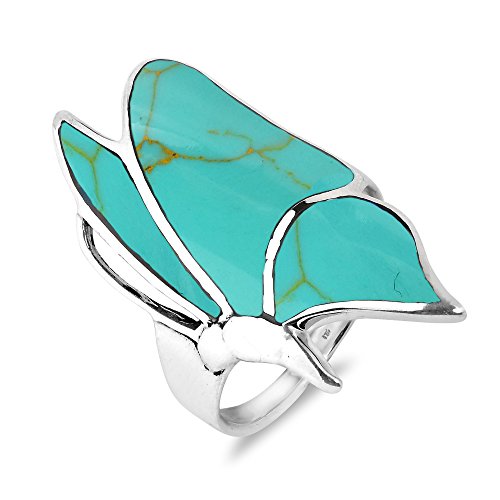 AeraVida Flying Monarch Butterfly Simulated Turquoise Inlay Stone .925 Sterling Silver Ring (6)