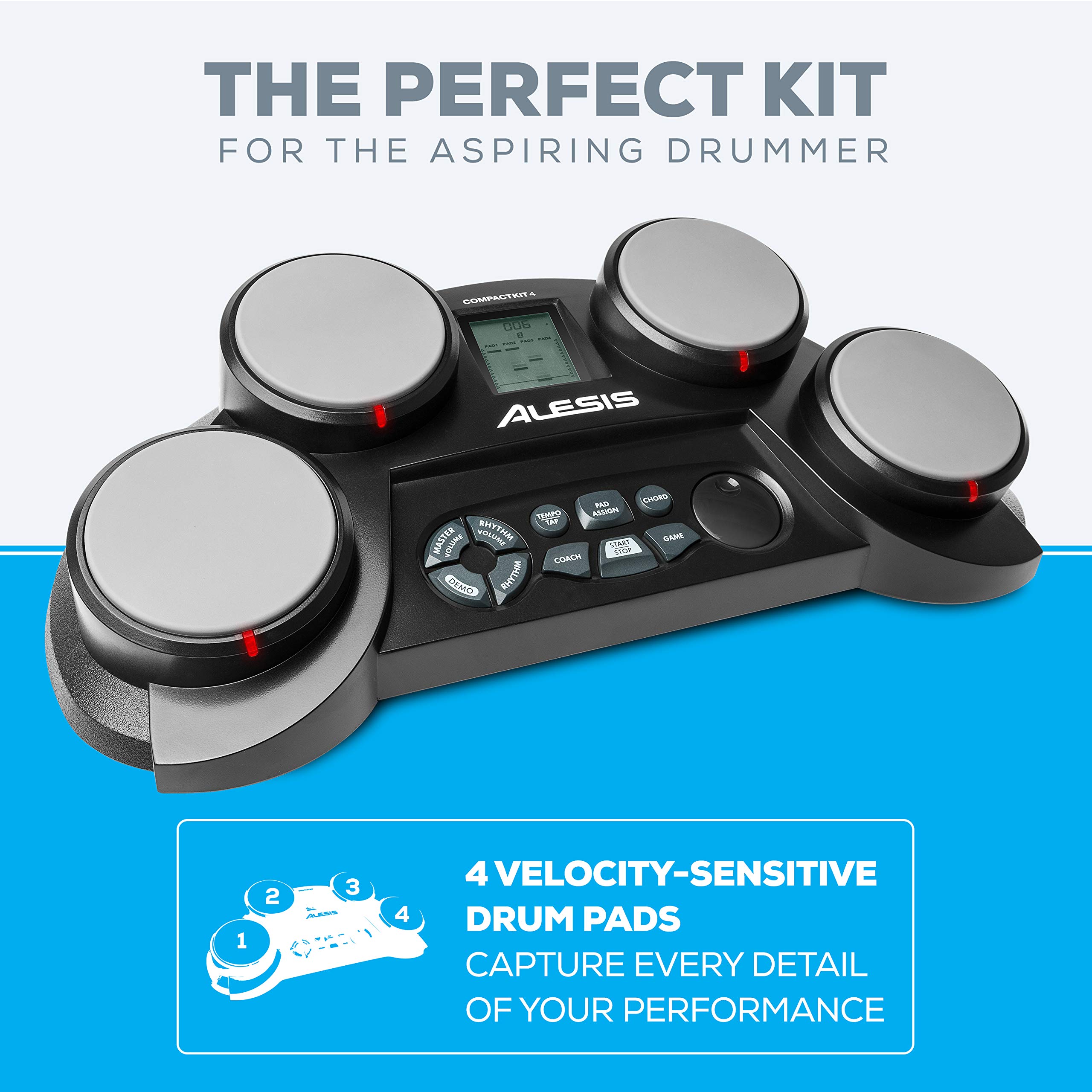 Alesis Compact Kit 4 - Portable 4-Pad Tabletop Electronic Drum Kit with Velocity-Sensitive Drum Pads + Numark HF125 - On-Ear Headphones with 6ft Cable