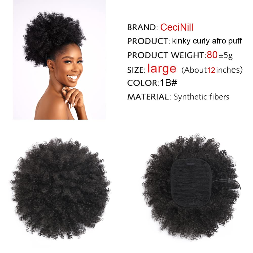 CECINILL Afro Puff kinky curly Drawstring Ponytail Extension for Women Synthetic Short Afro Kinkys Curly Afro Bun Extension Hairpieces Updo Hair Extensions with Two Clips(1B)