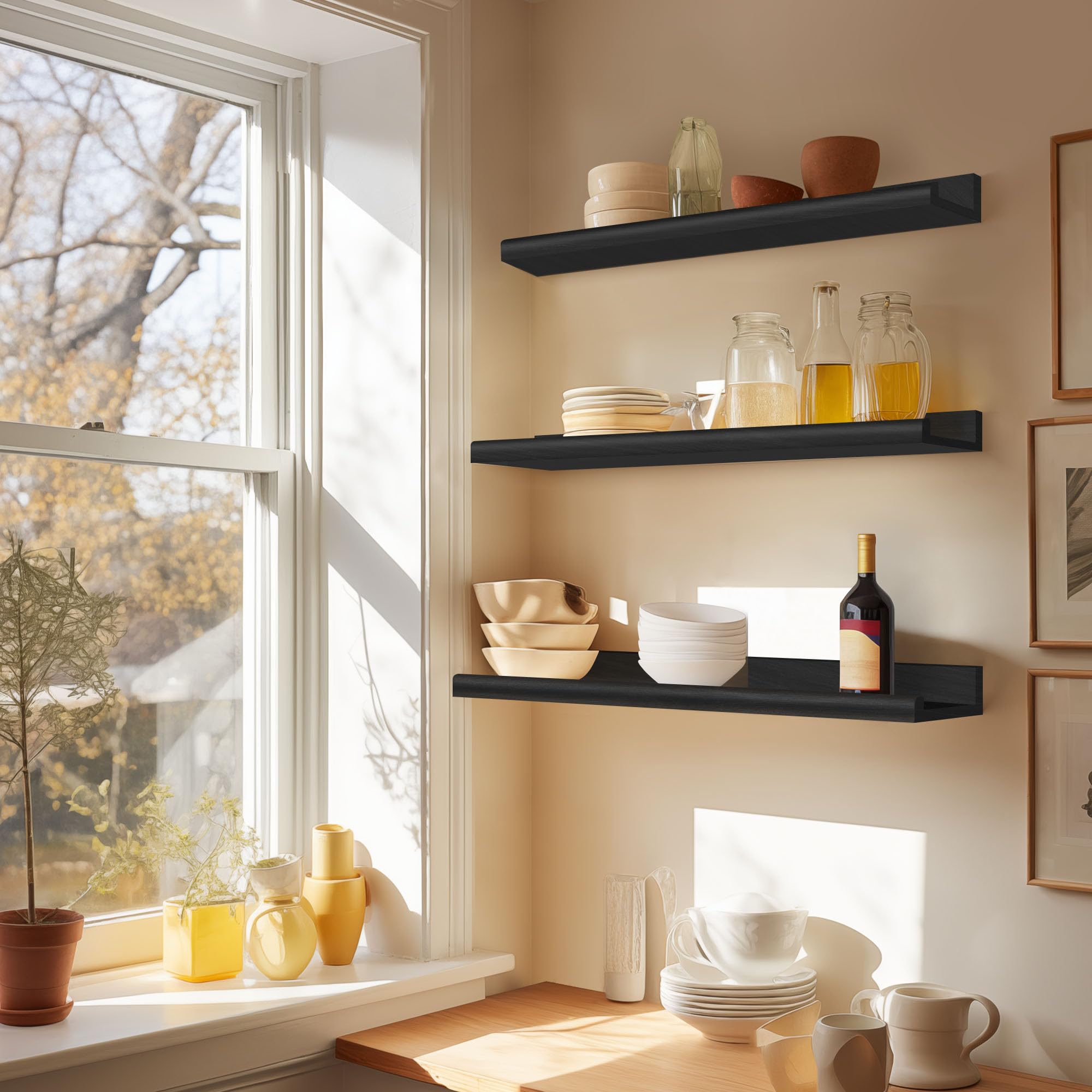 Annecy Floating Shelves, 23.6 Inch Floating Shelves for Wall, Wall Shelves Set of 3, Floating Shelves with Lip for Bathroom Kitchen Bedroom, 3 Different Widths, Dark Carbonized Black