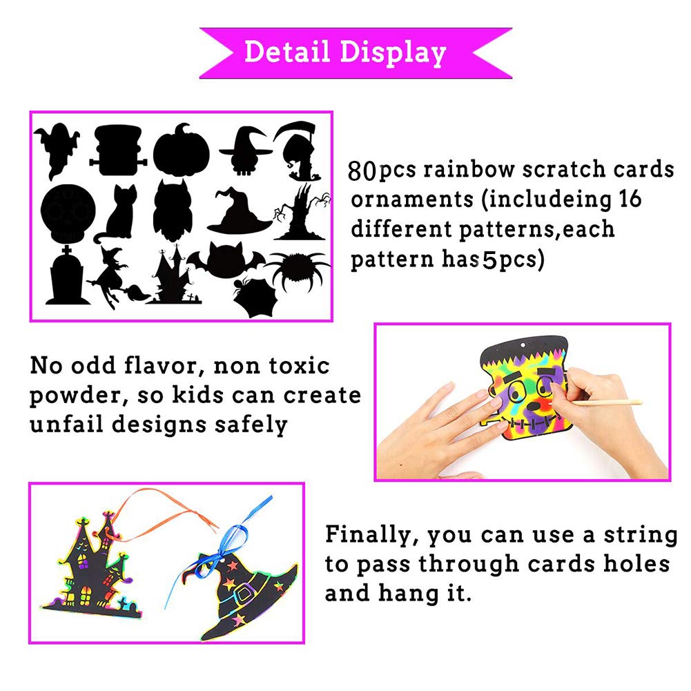 CCINEE 80pcs Halloween Theme Scratch Paper Rainbow Scratch Art Paper Craft Kit with 12pcs Wooden Styluses and 80pcs Ribbons for Halloween Party Supplies