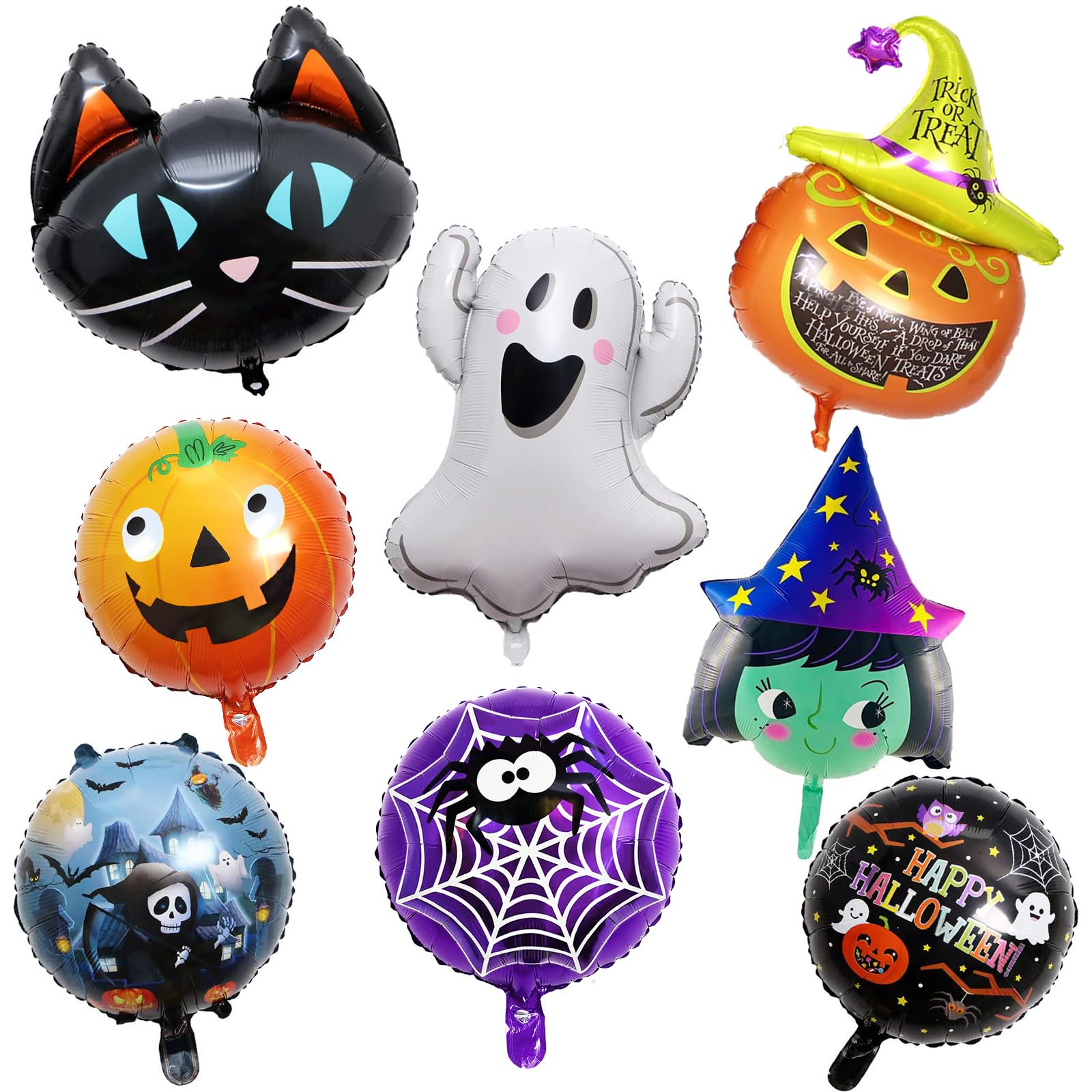 Halloween Foil Balloons 8pcs Large Size Mylar Foil Balloon Set Cute Round Pumpkin Black Cat Spider Web Witch Ghost for Halloween Party Favor Decoration, Home Decor Supplies
