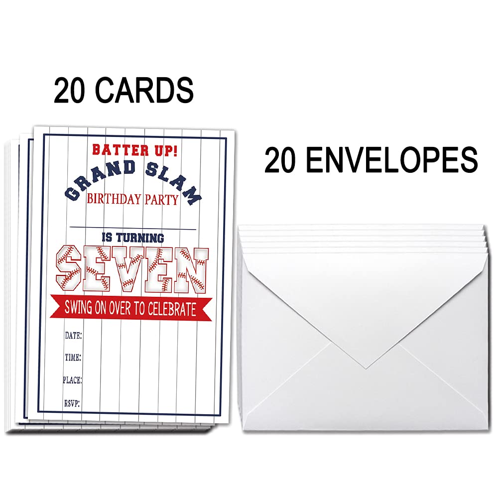 ukebobo 7th Birthday Party Invitations with Envelopes – Batter Up Baseball Party Invitations, Baseball Party Decorations– 20 Cards With Envelopes(bq-07)