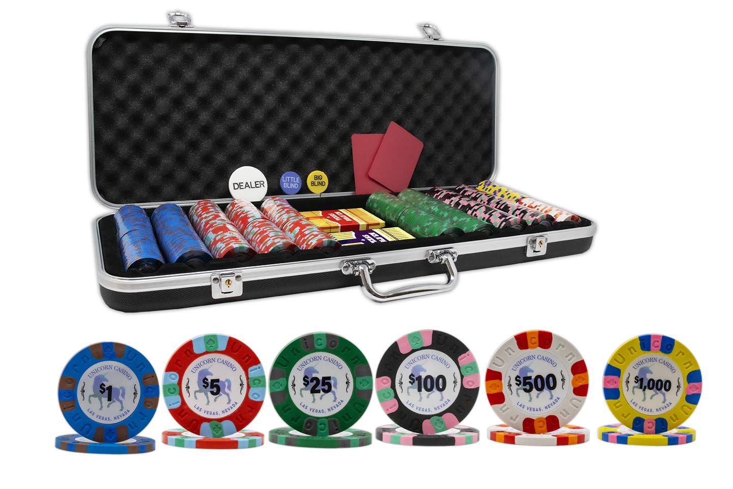 DA VINCI Unicorn All Clay Poker Chip Set with 500 Authentic Casino Weighted 9 gram Chips, Black ABS Case, 2 Decks of Plastic Playing Cards, Dealer Buttons and 2 Cut Cards