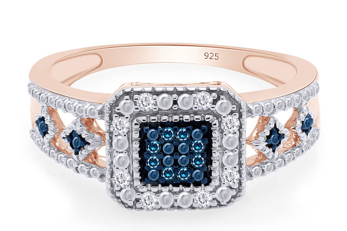 AFFY 1/10 Carat Round Cut Enhanced Blue And White Natural Diamond Square Frame Wedding Band In 14k Rose Gold Over 925 Sterling Silver (Clarity : I2-I3, Color : I-J, 0.10 Cttw) Size -4