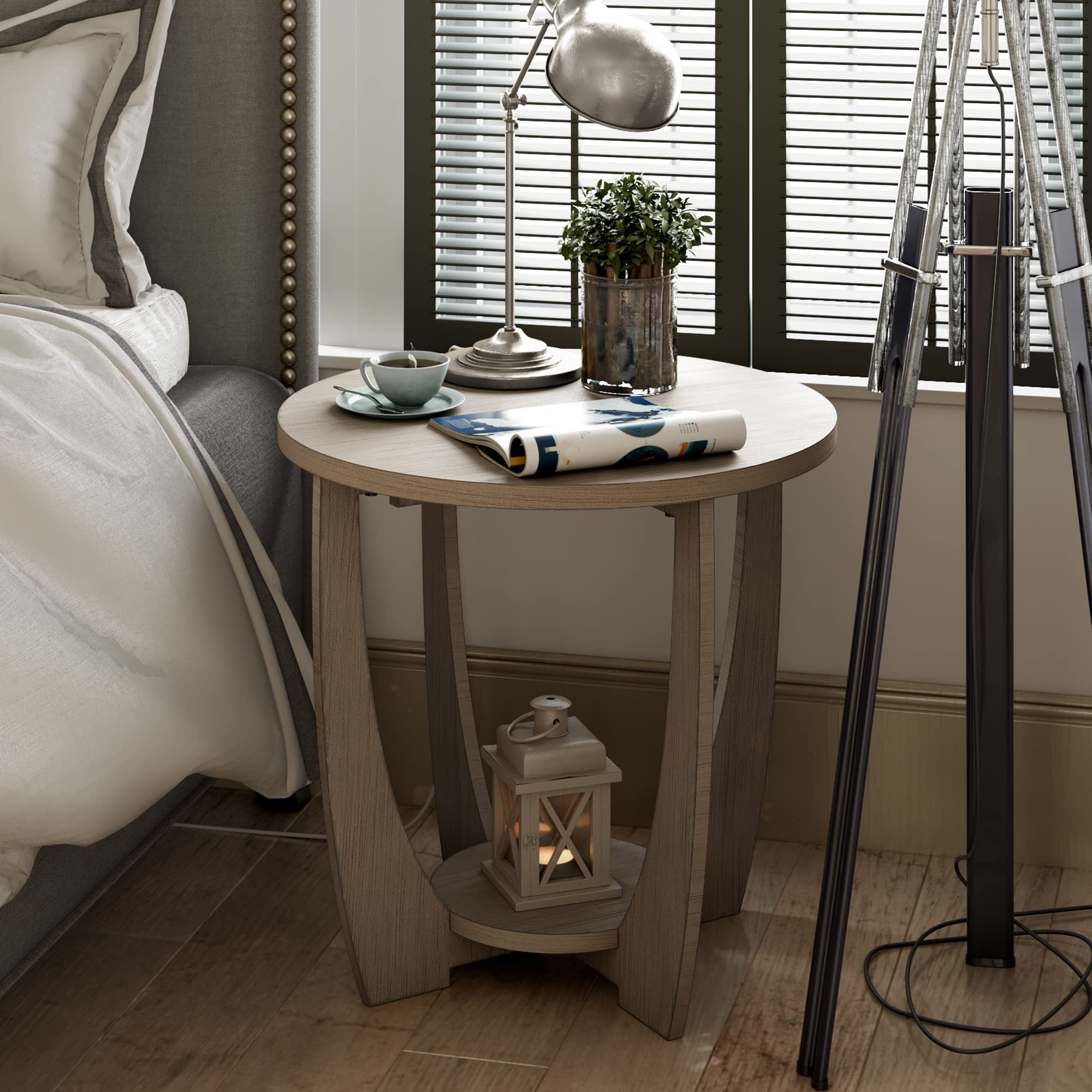 COZAYH Rustic Farmhouse End Table with Storage Shelf, French Country Accent Side Table for Family, Dinning or Living Room, Small Spaces, Modern, Round, Vintage Grey Finish