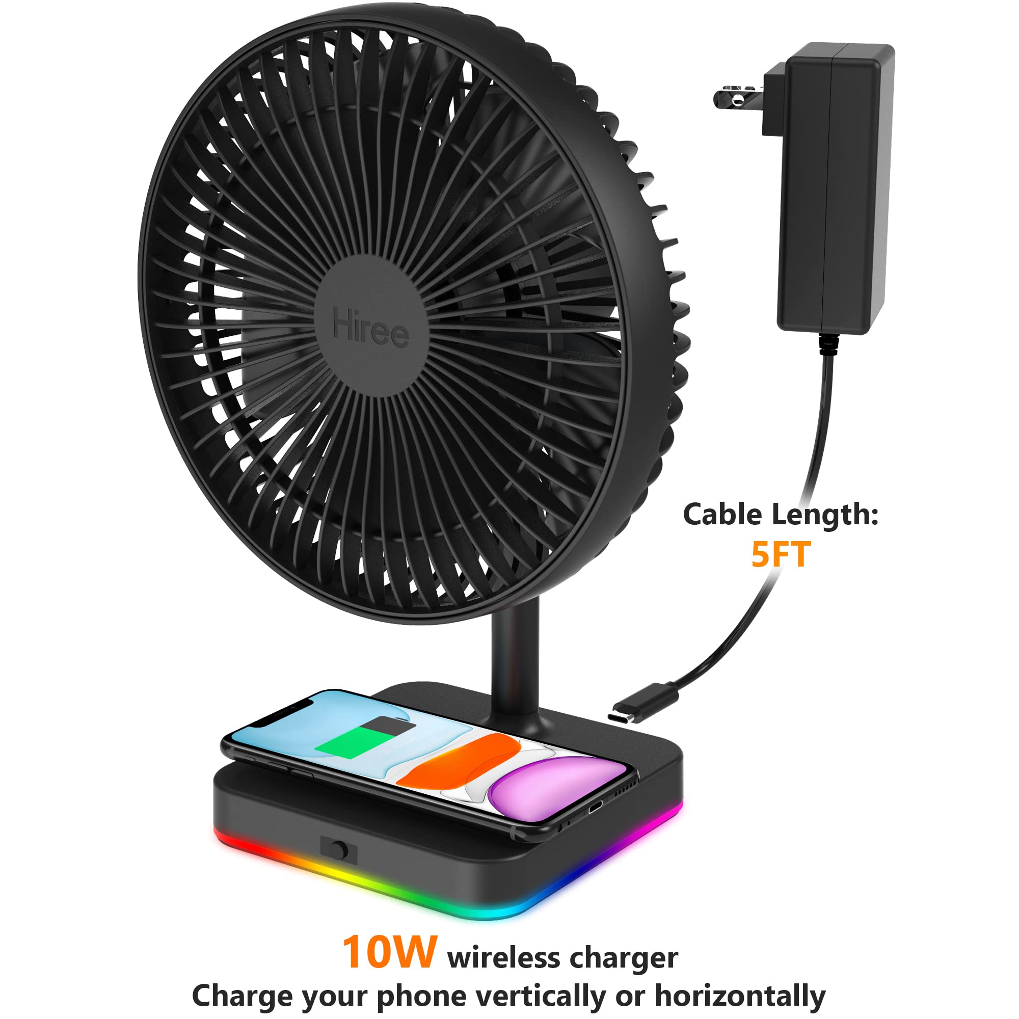 Hiree Table Fan with LED Lights, 2 Speeds Quiet Air Circulator Personal Desk Fan with 10W/7.5W Fast Charger QI Wireless Charging Pad - Suitable for Home, Bedroom, Office, Dorm