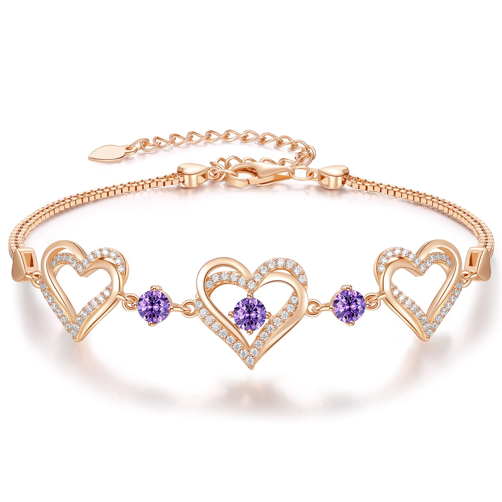 CDE Forever Love Heart Charm Link Bracelet for Women, 925 Sterling Silver Birthstone Bracelet Mother's Day Gift Anniversary Christmas Birthday Jewelry Gifts for Women Wife Her Girlfriend