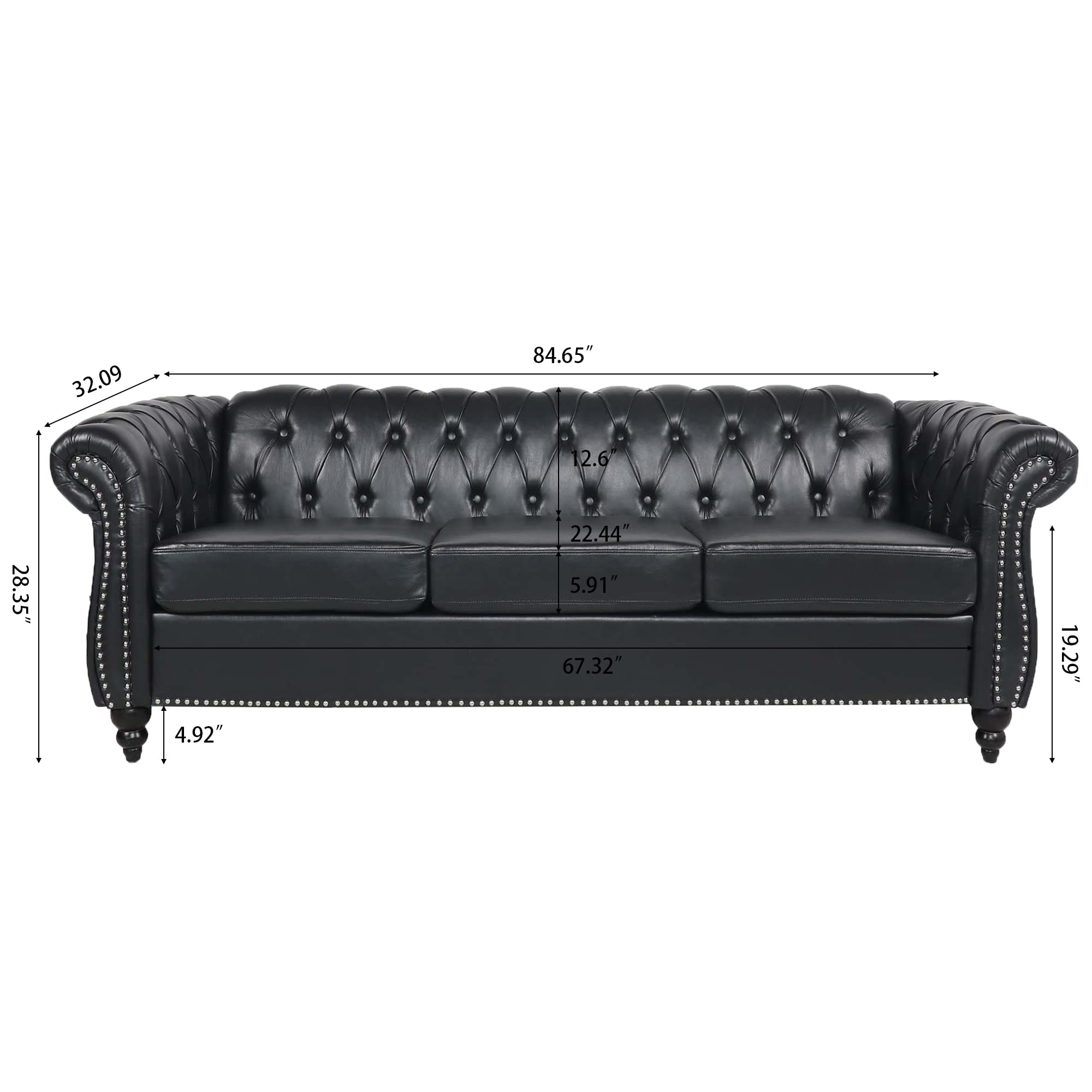 Chesterfield Luxury Leather Sofa, Upholstered PU Sofa with Tufted Back, Classic 3 Seater Leather Couch Rolled Arm for Living Room Office (Orange)