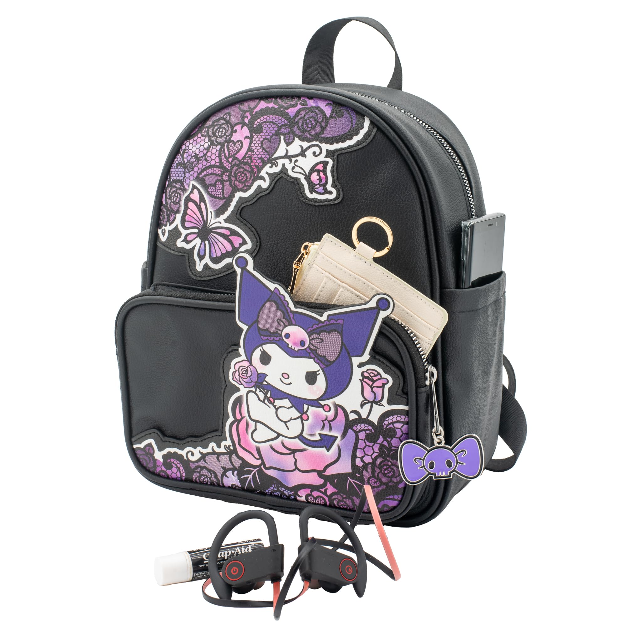 AI ACCESSORY INNOVATIONS Hello Kitty Kuromi Mini PU Backpack Purse, Kawaii Shoulder Bag with Epoxy Filled Metal Bow w/Skull Charm, 10.5 Inch, Anime Travel Bag, Faux Leather